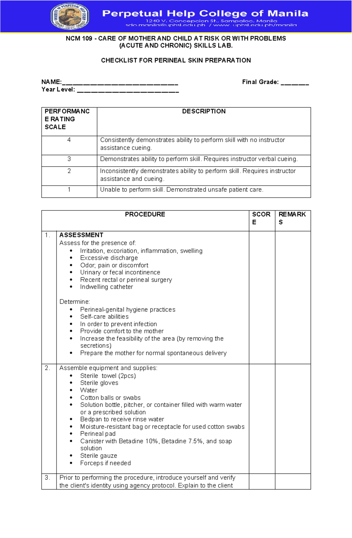 NCM 109 Prelim Skills 1-Checklist for Perineal Skin Preparation - NCM ...