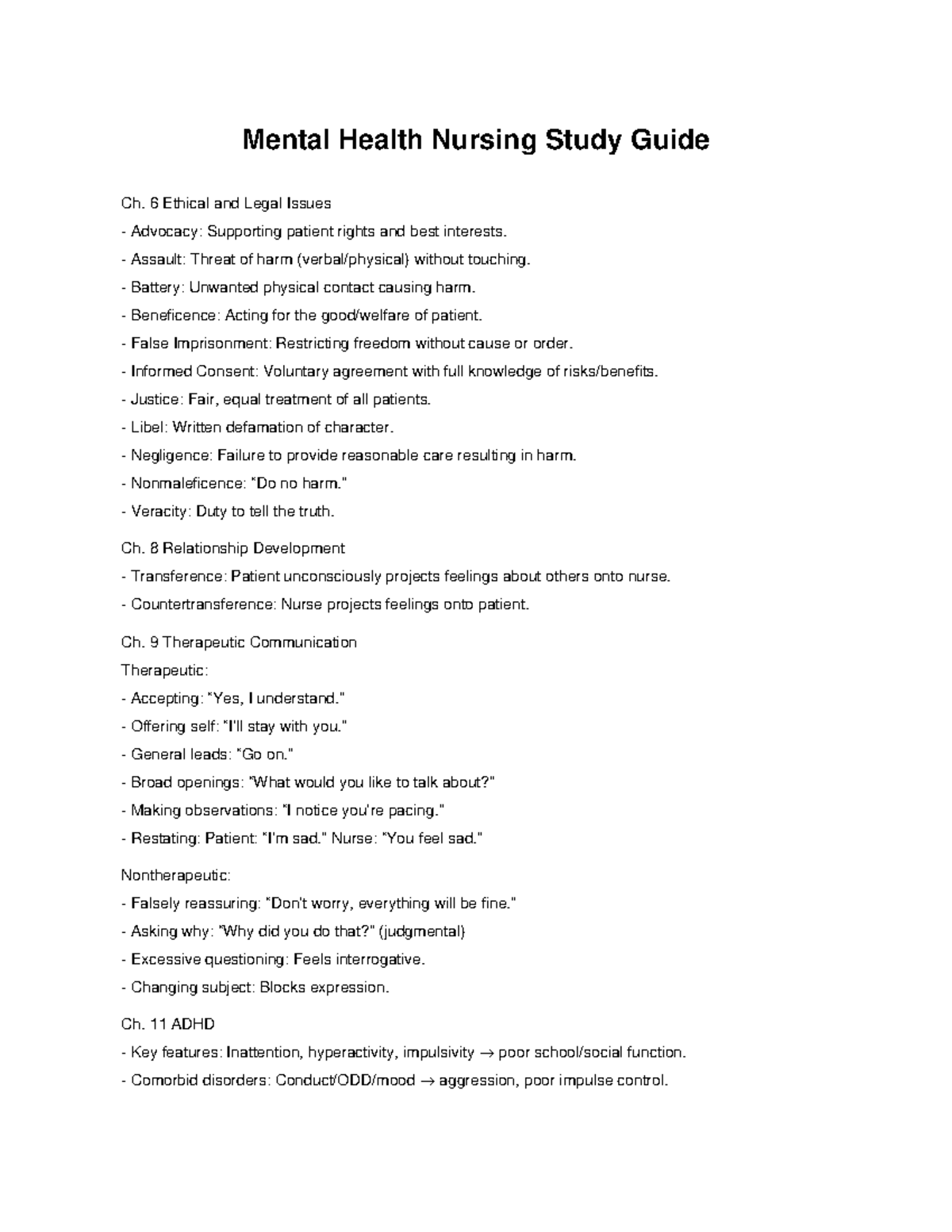 Mental Health Nursing Study Guide: Ethical, Legal, and Therapeutic ...