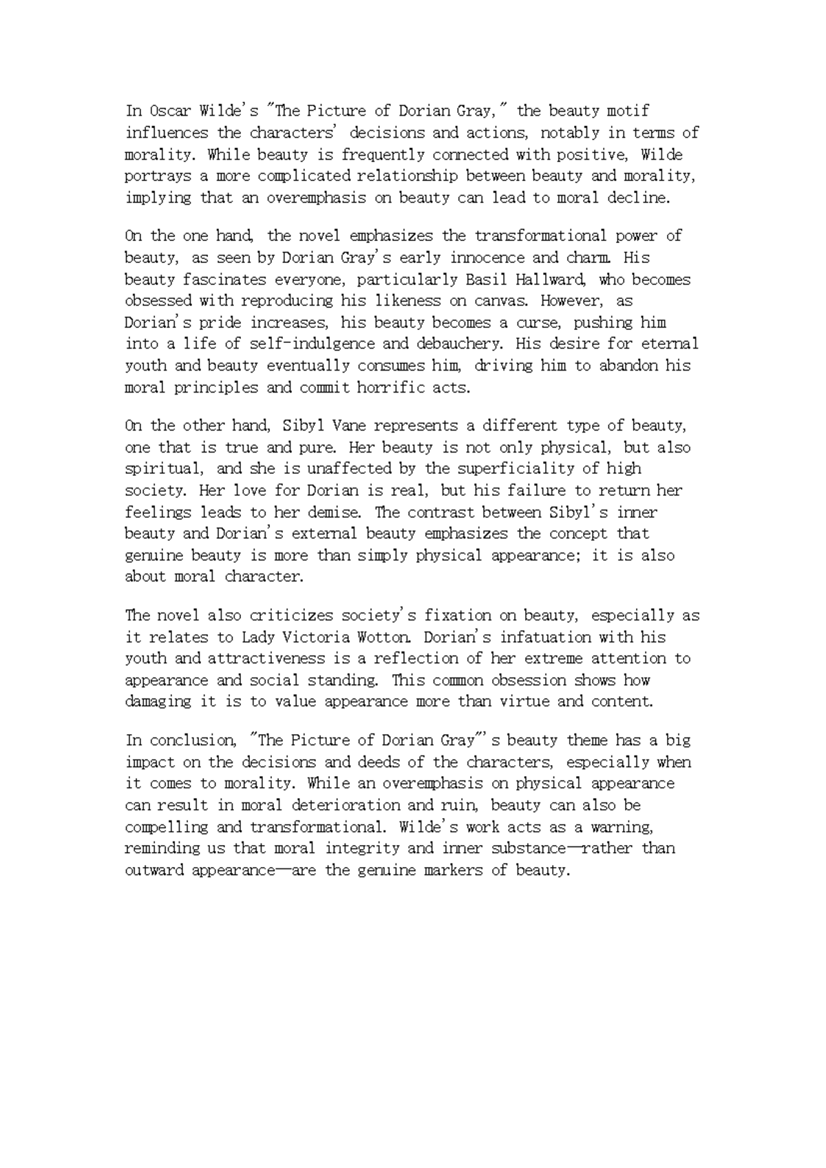 Essay: The Complex Relationship Between Beauty and Morality in Dorian ...