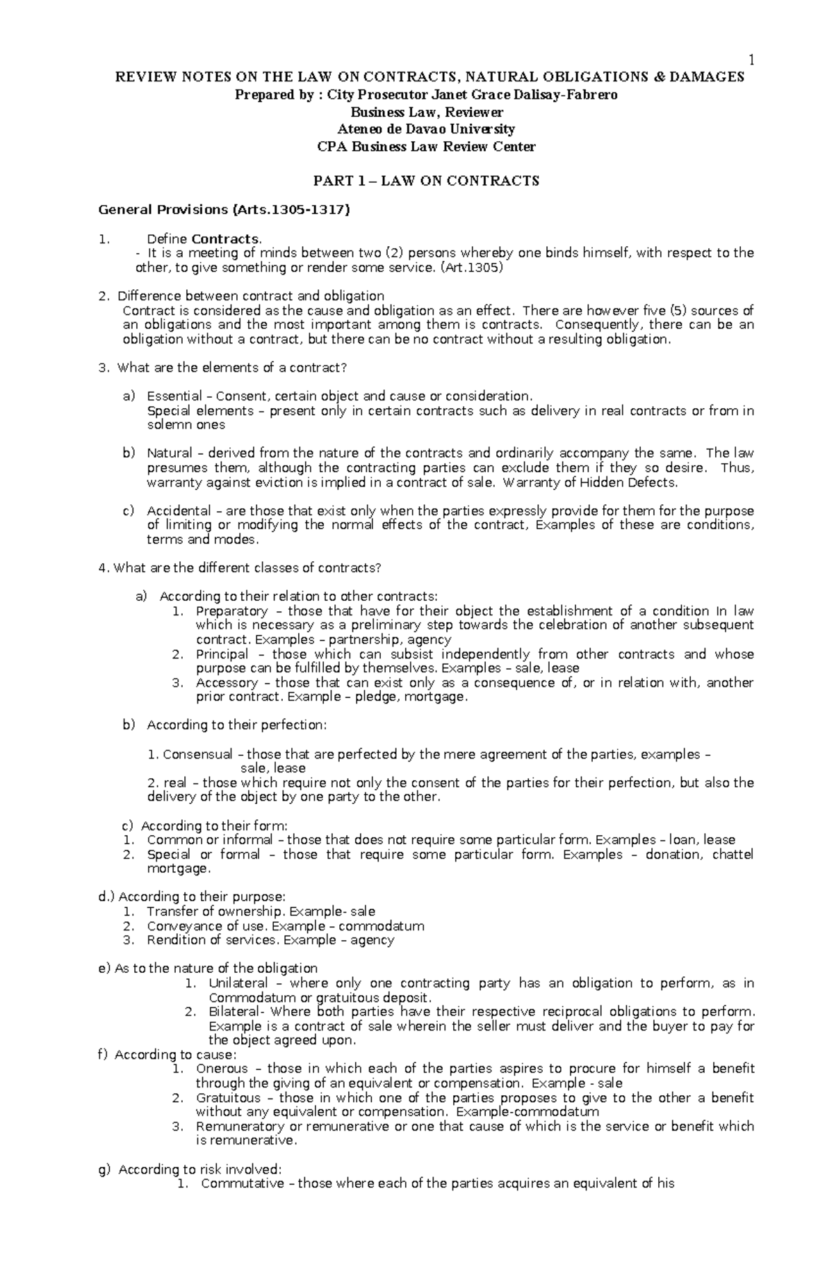 REVIEW NOTES ON LAW ON CONTRACTS & DAMAGES (BUSINESS LAW) - Studocu