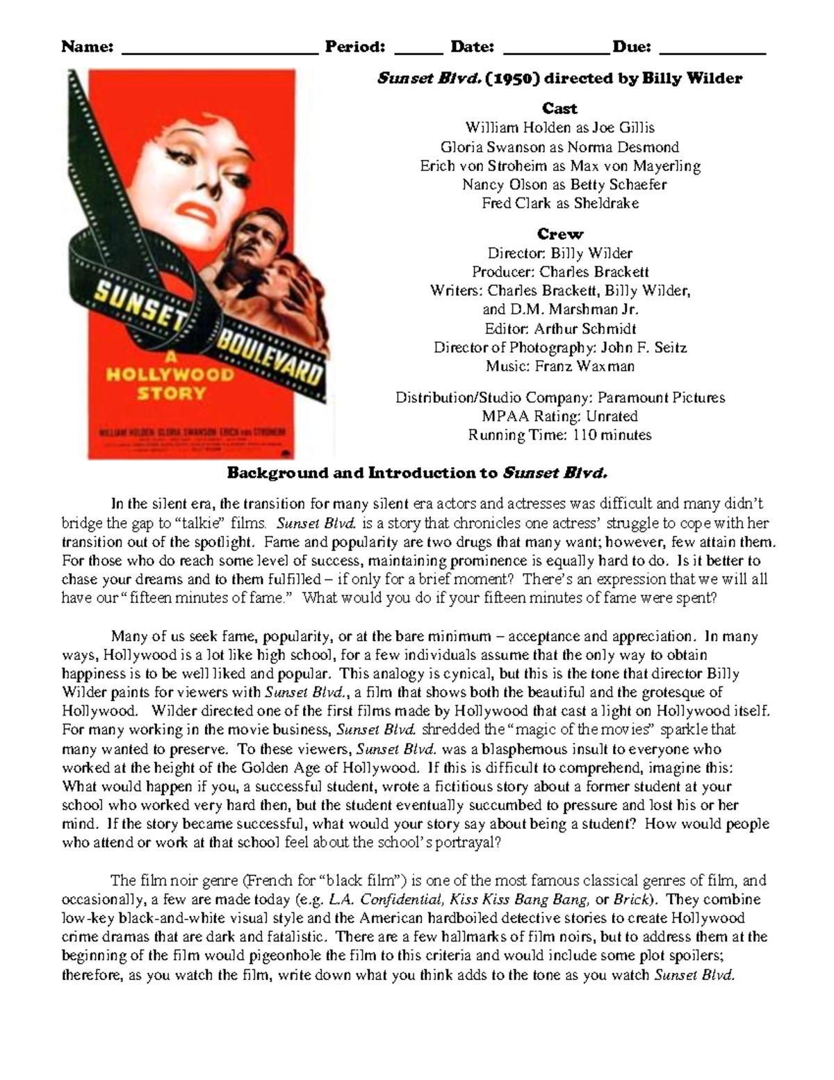 Sunset Blvd. (1950) Film Study Guide & Discussion Notes - Studocu