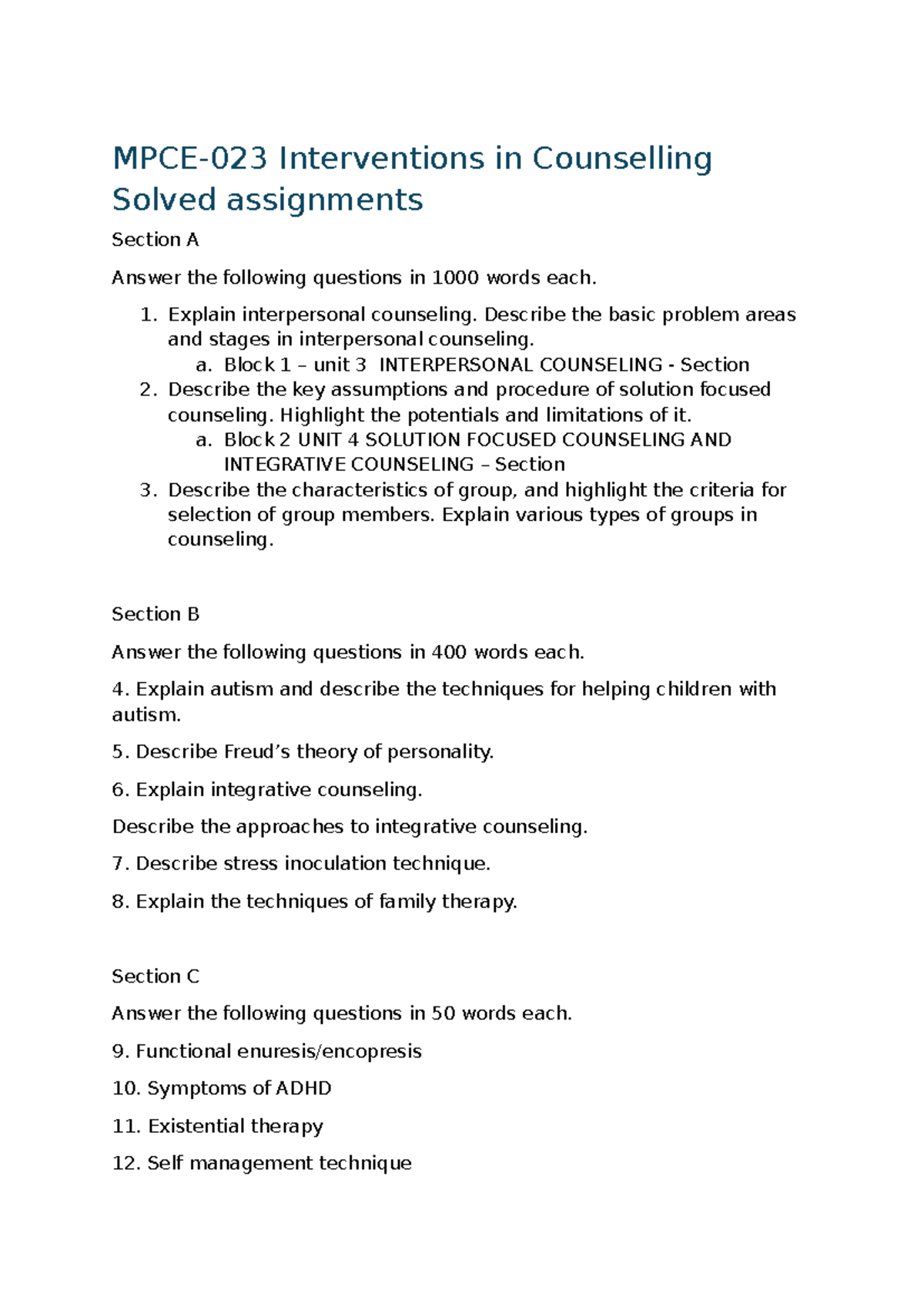 MPCE-023 Solved Assignments: Interpersonal & Solution Focused ...