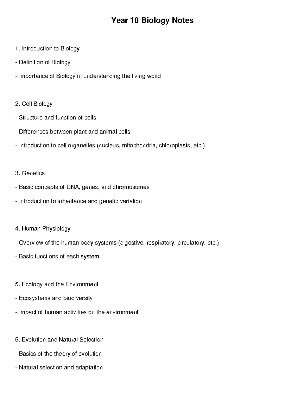 Year 10 Biology Class Notes: Key Concepts and Topics Overview - Studocu