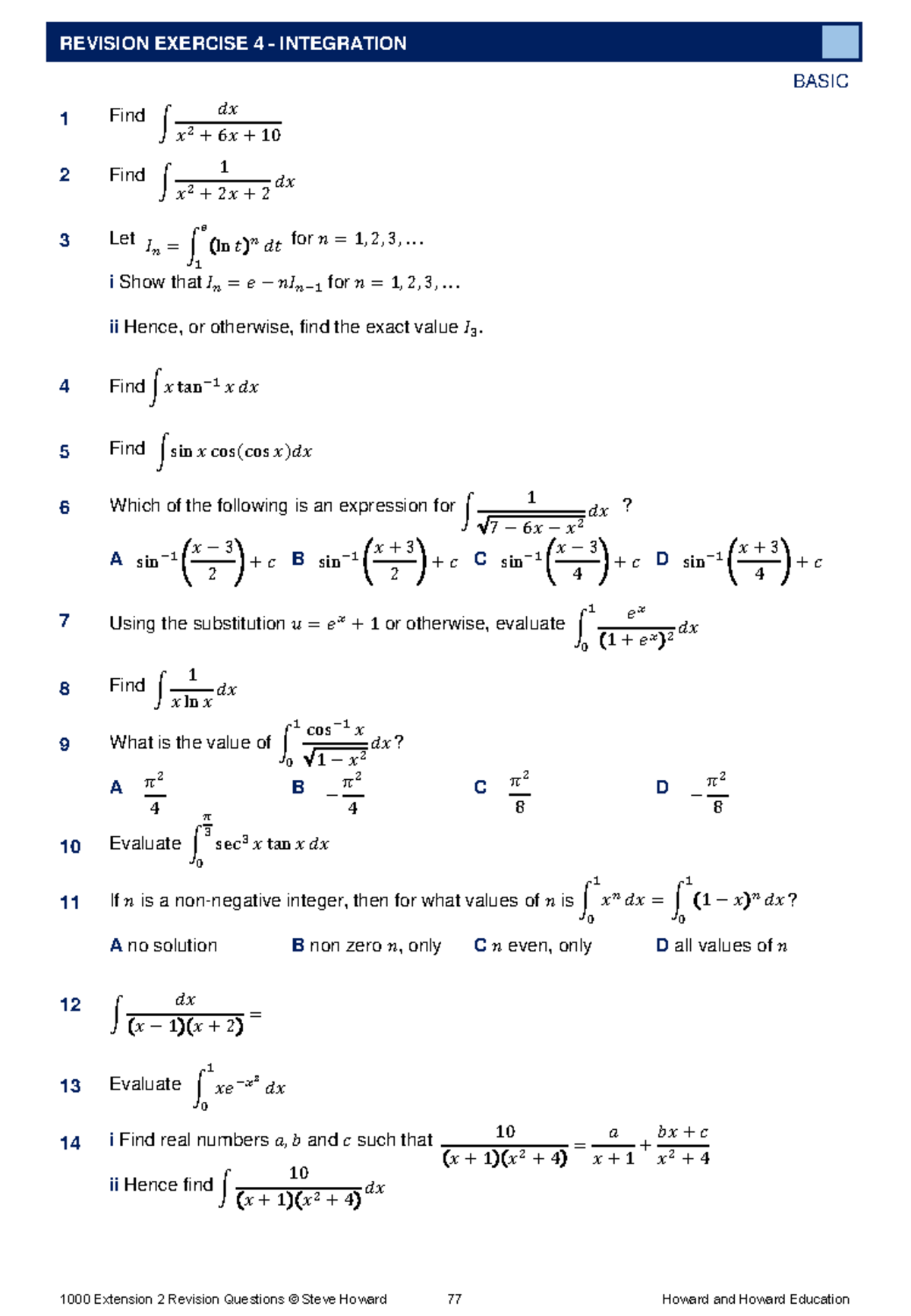 Revision Exercise 4: Integration Basics (Extension 2) - Studocu