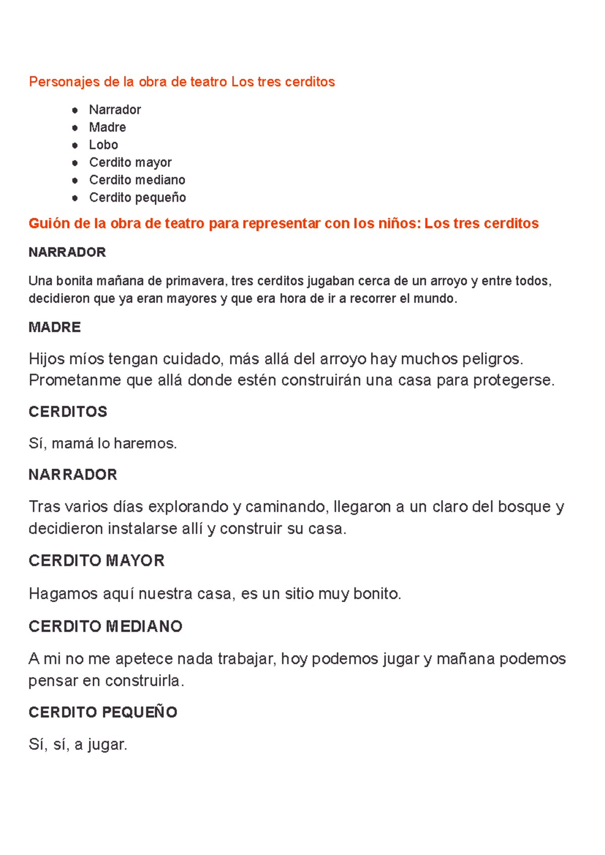Guión Teatral: Los Tres Cerditos - Representación Infantil - Studocu