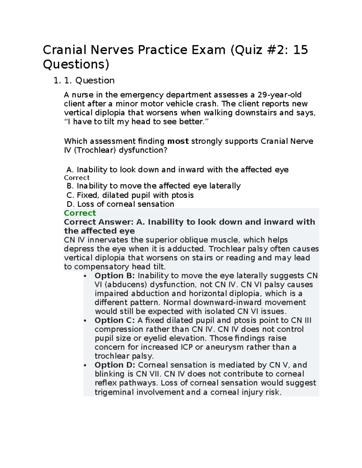 Cranial Nerves Practice Quiz (15 Questions) for Nursing Students - Studocu