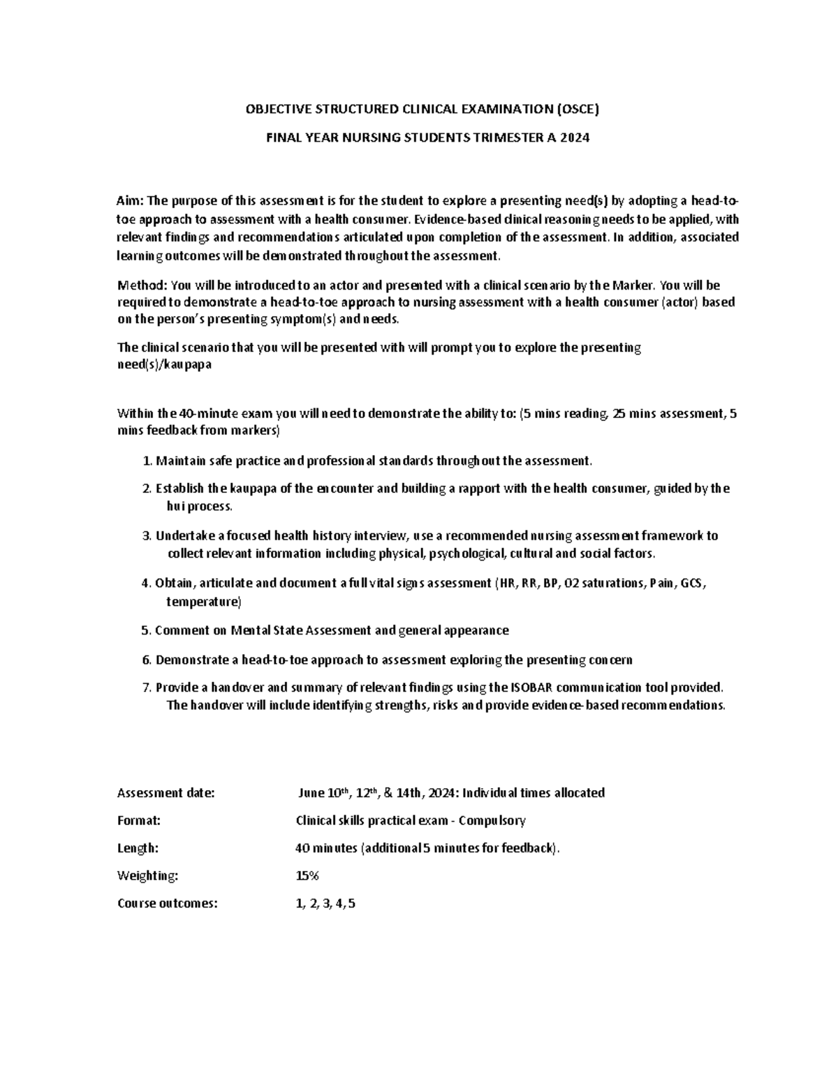 OSCE Nursing Assessment Outline 577301 24 Final Year Trimester A 2024 ...