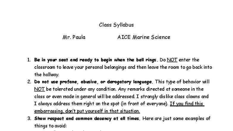 AICE Marine Science 1: Class Syllabus & Guidelines - Studocu