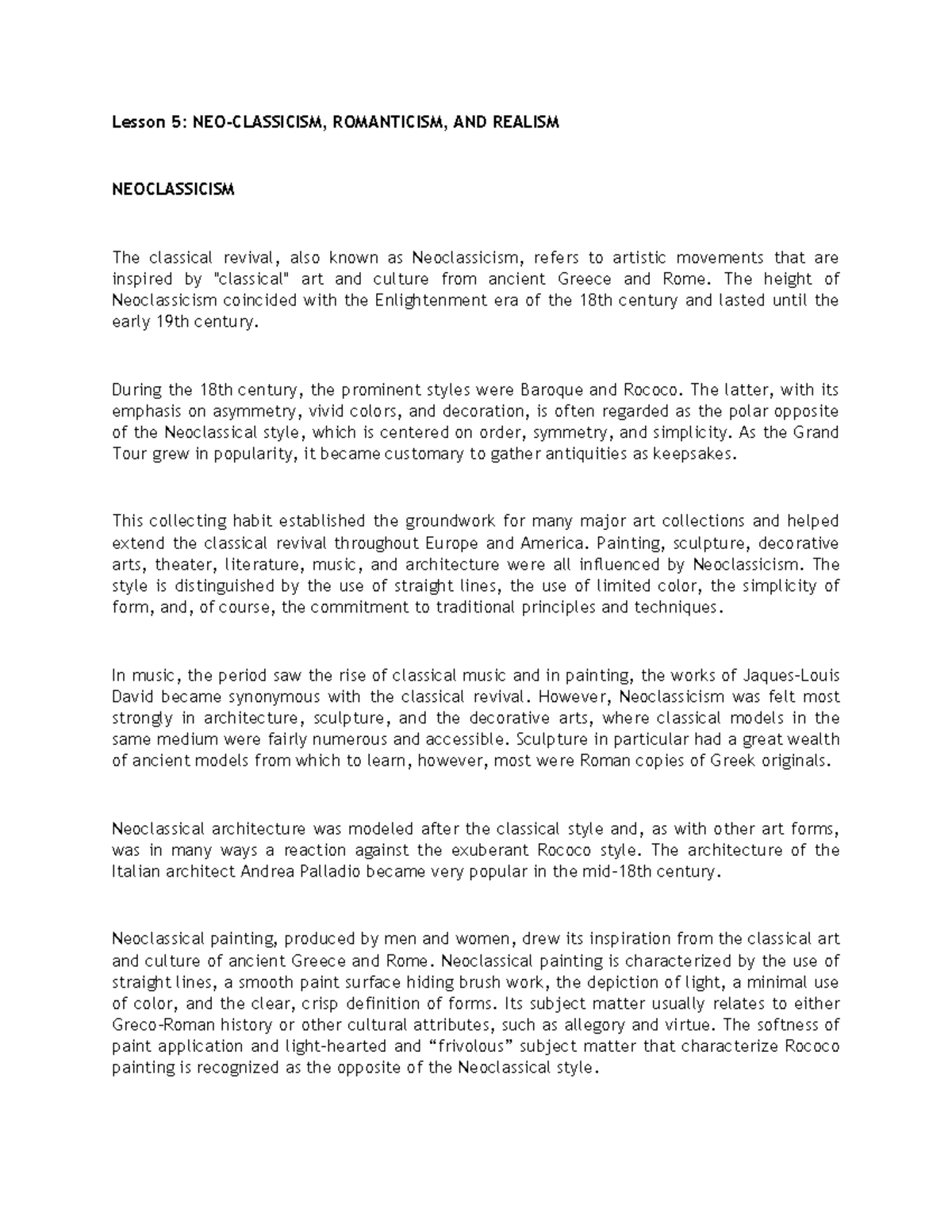 Module Five Lesson Five Arts Appreciation - Lesson 5: NEO-CLASSICISM ...
