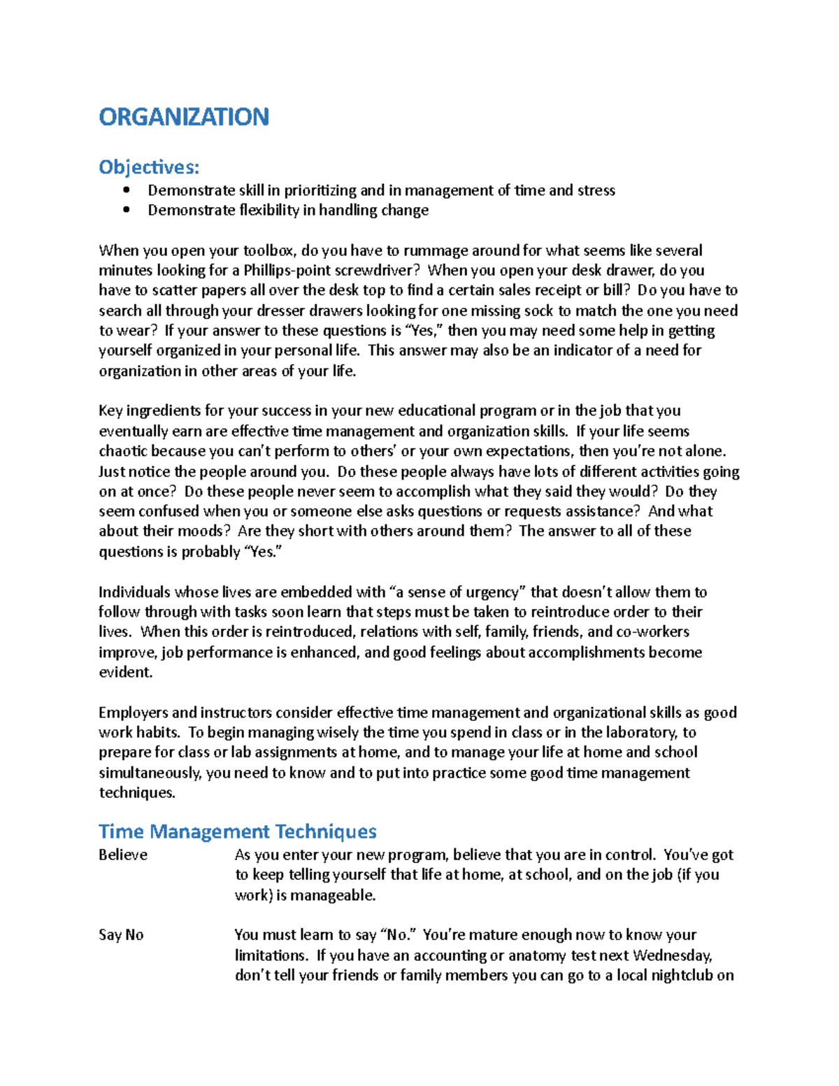 Organizational Skills & Time Management Case Study (Course Code: ORG101 ...