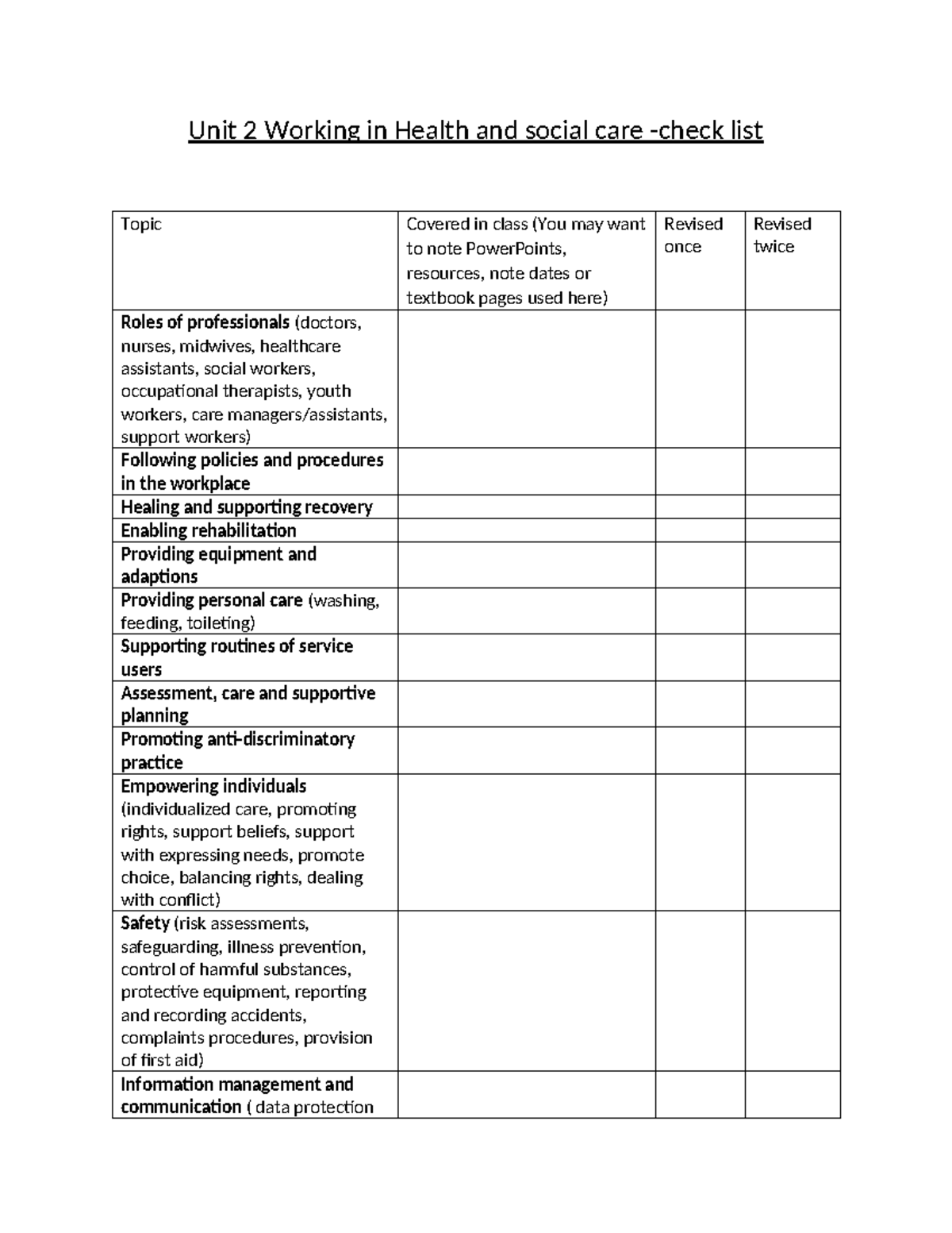 Unit 2 Health & Social Care Revision Checklist for Professionals - Studocu