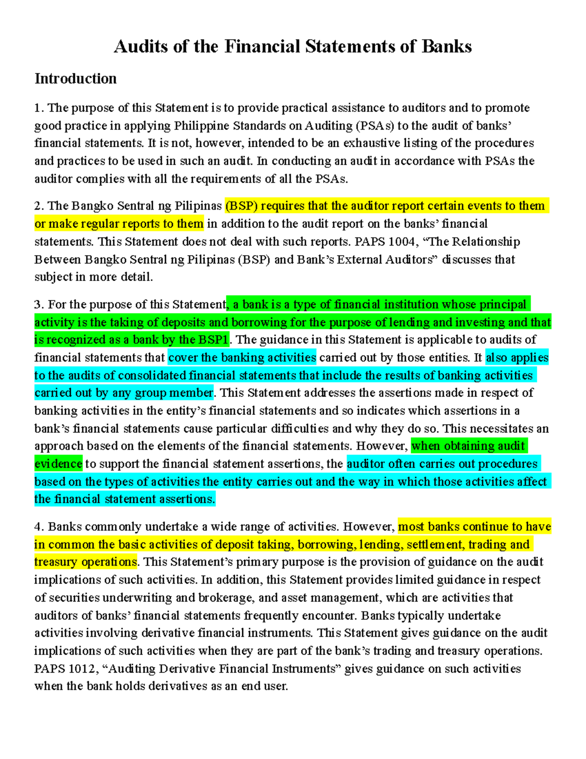 Guidance on Auditing Bank Financial Statements (PSA) - Studocu