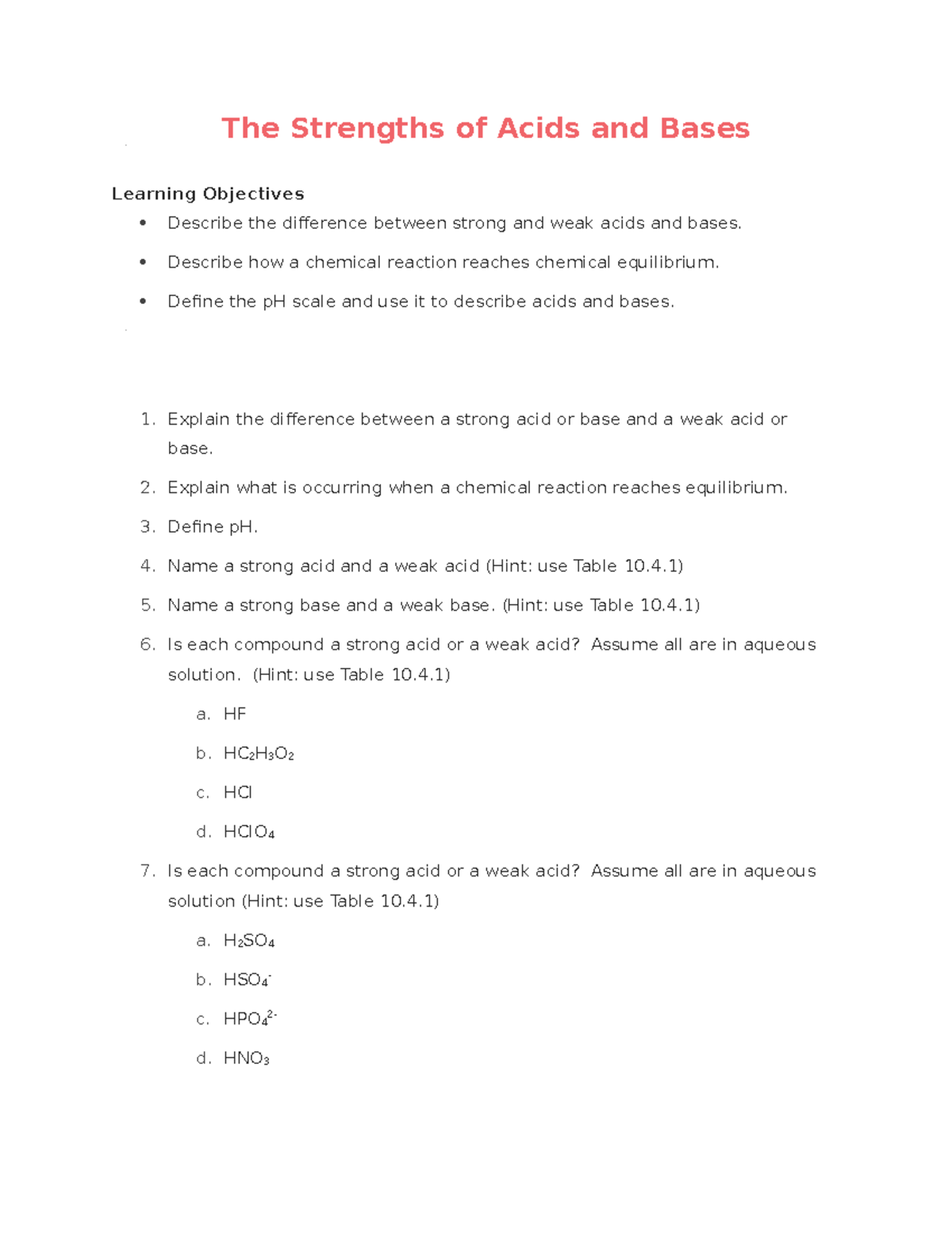 Section 10.4 Worksheet - The Strengths of Acids and Bases Learning ...