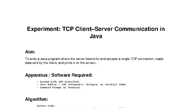 TCP Communication in Java: Experiment for CS101 - Studocu