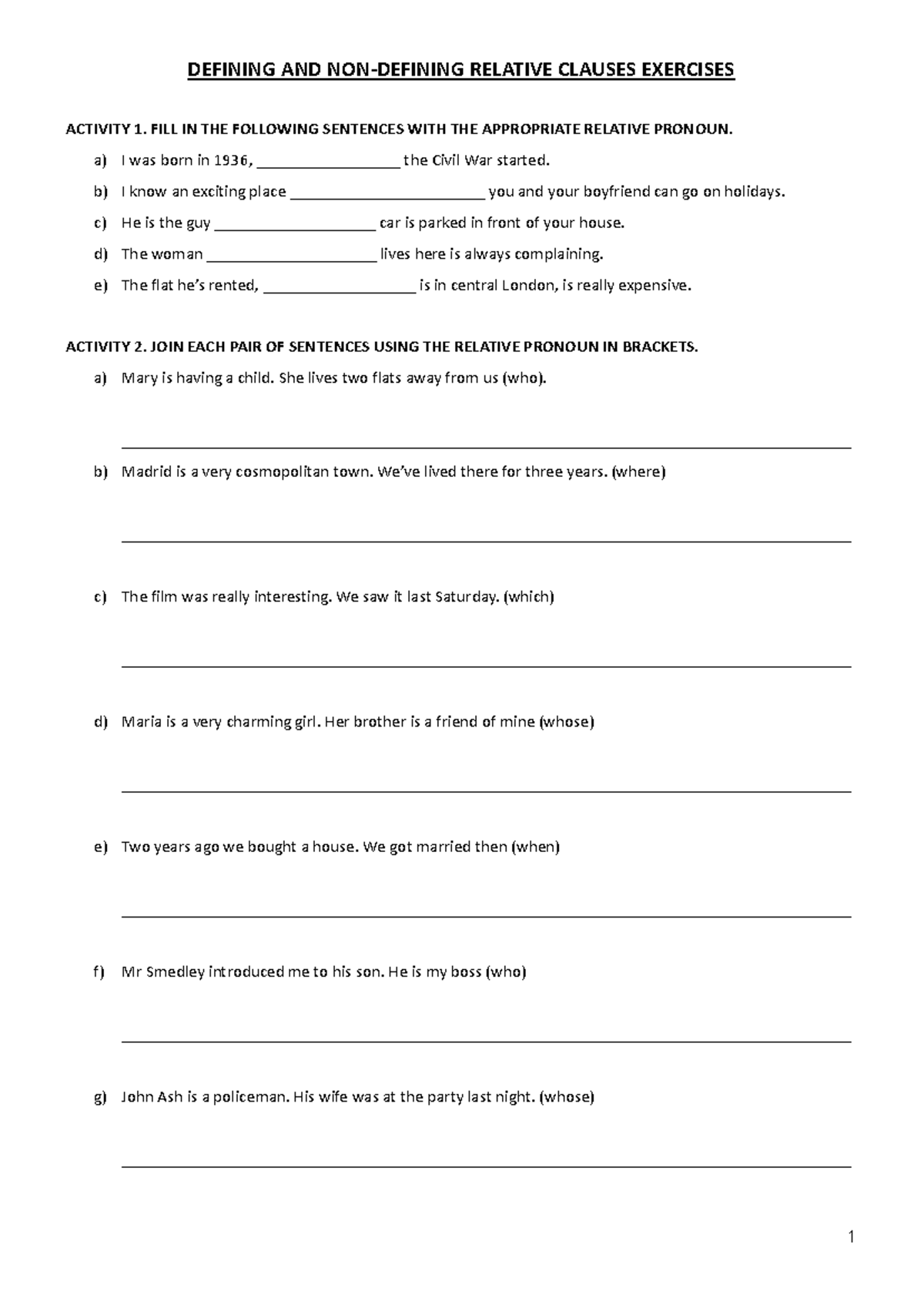 Defining and Non-Defining Clauses Exercises (ENG 101) - Studocu