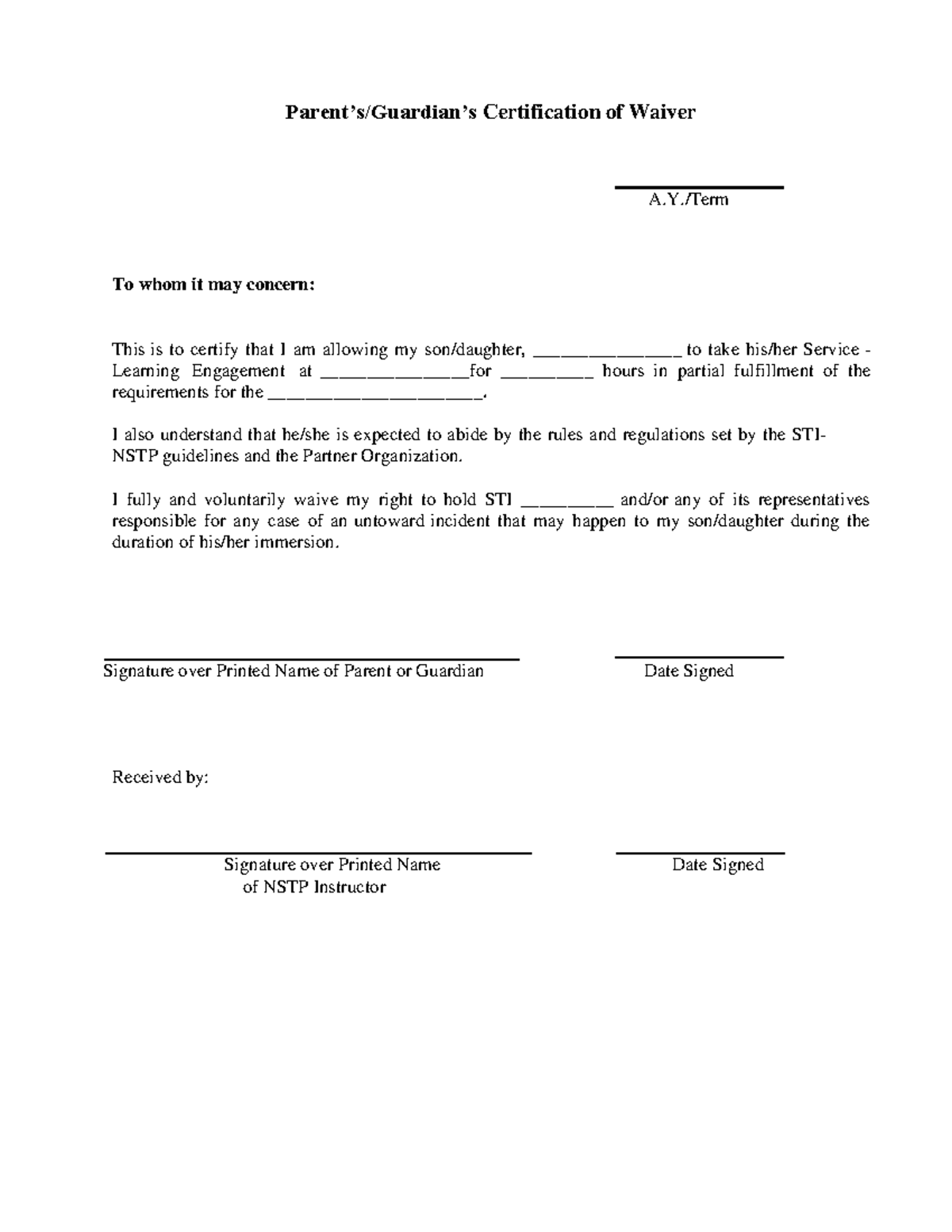 NSTP Certification of Waiver for Service Learning Engagement - Studocu