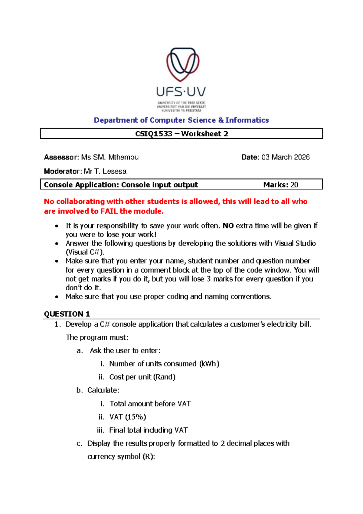 CSIQ1533 Worksheet 2: Console Application for Electricity Bill ...