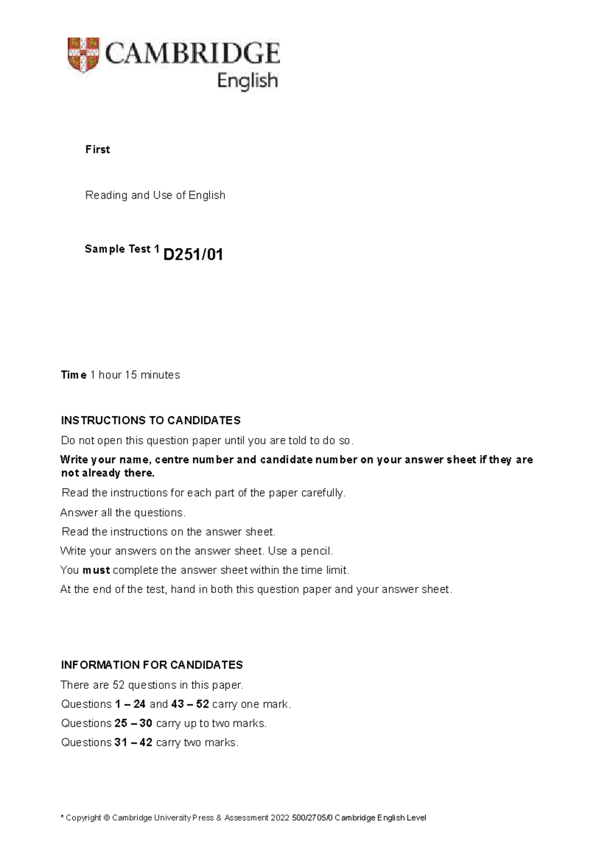 B2 English Sample Test 1: Reading and Use of English - Studocu