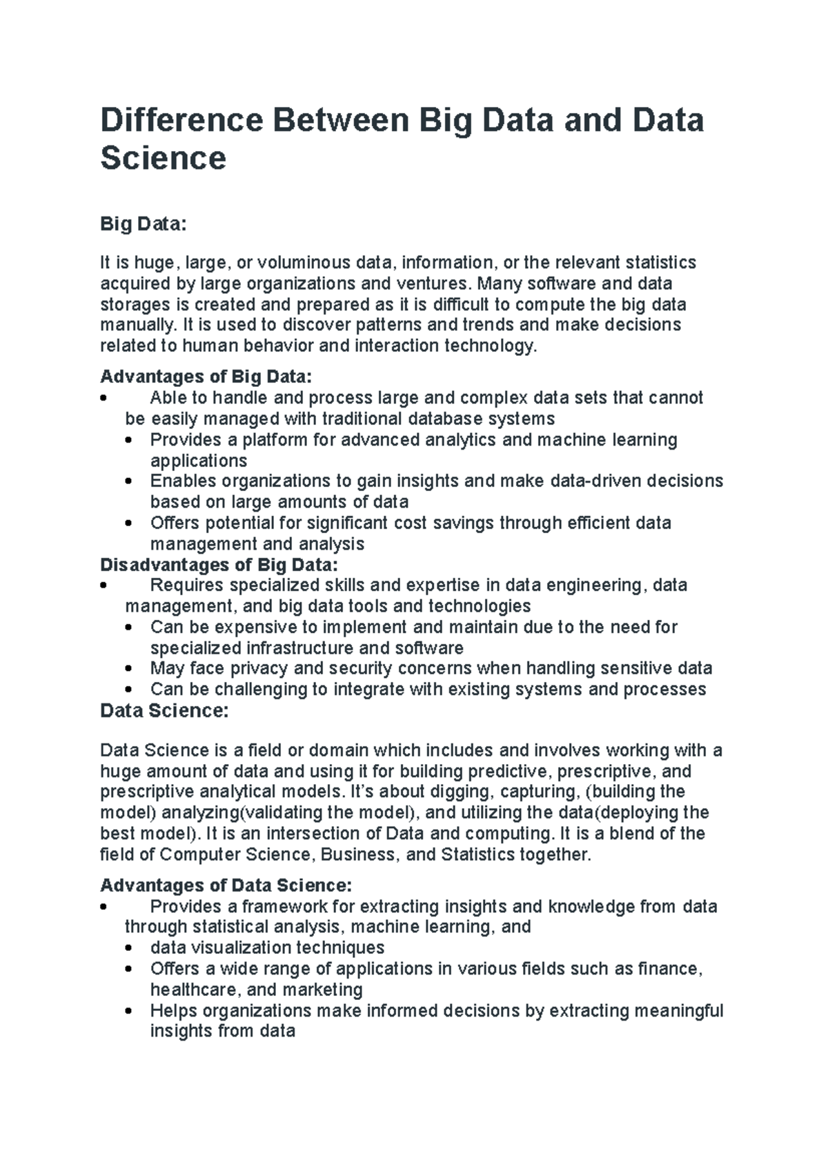 Big Data and Data Science - Difference Between Big Data and Data ...