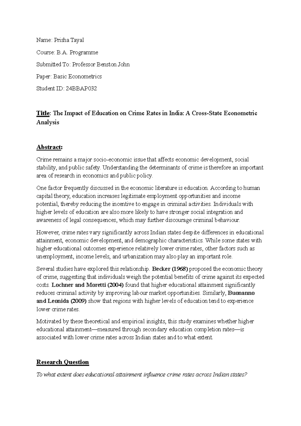 B.A. Programme Econometrics Project Proposal: Education & Crime in ...