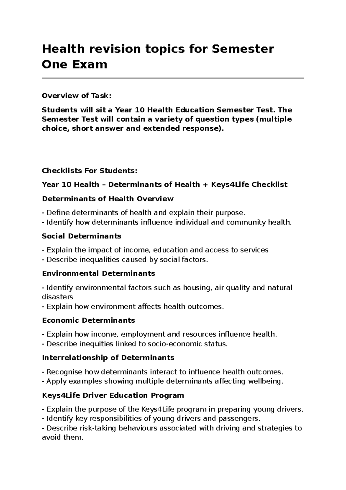 Health Revision Topics for Year 10 Health Ed Semester 1 Exam - Studocu
