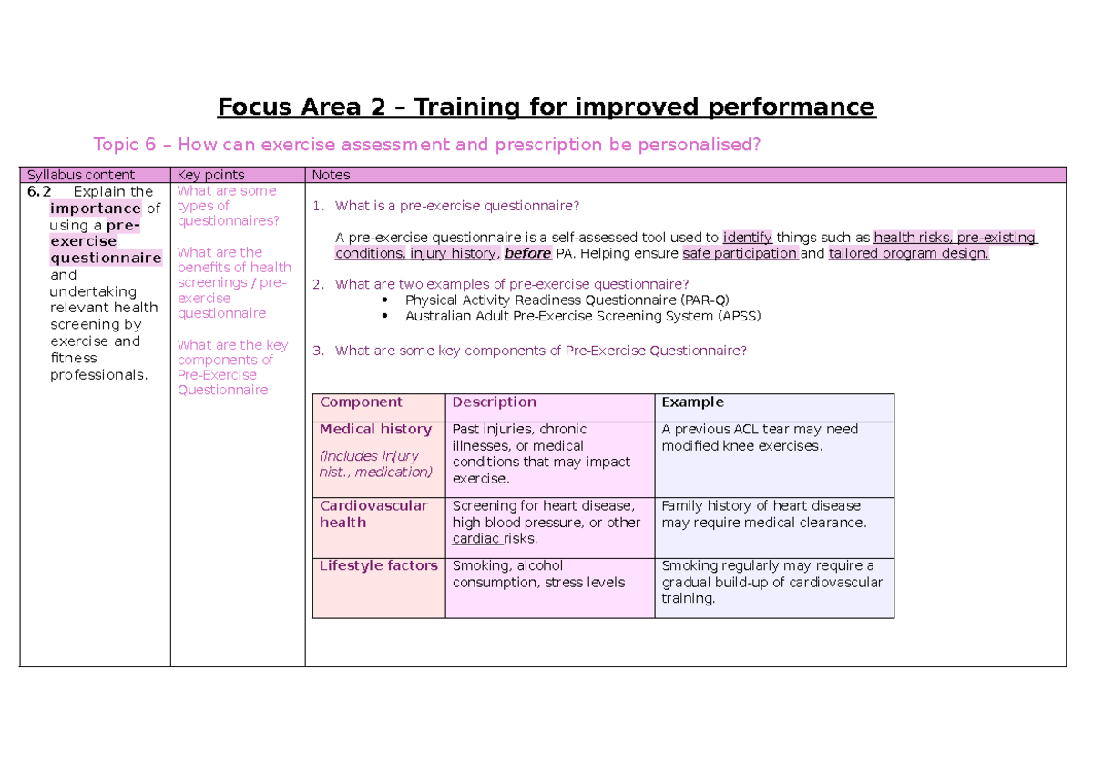 FA2 Study Notes - Topic 6: Personalising Exercise Assessment ...