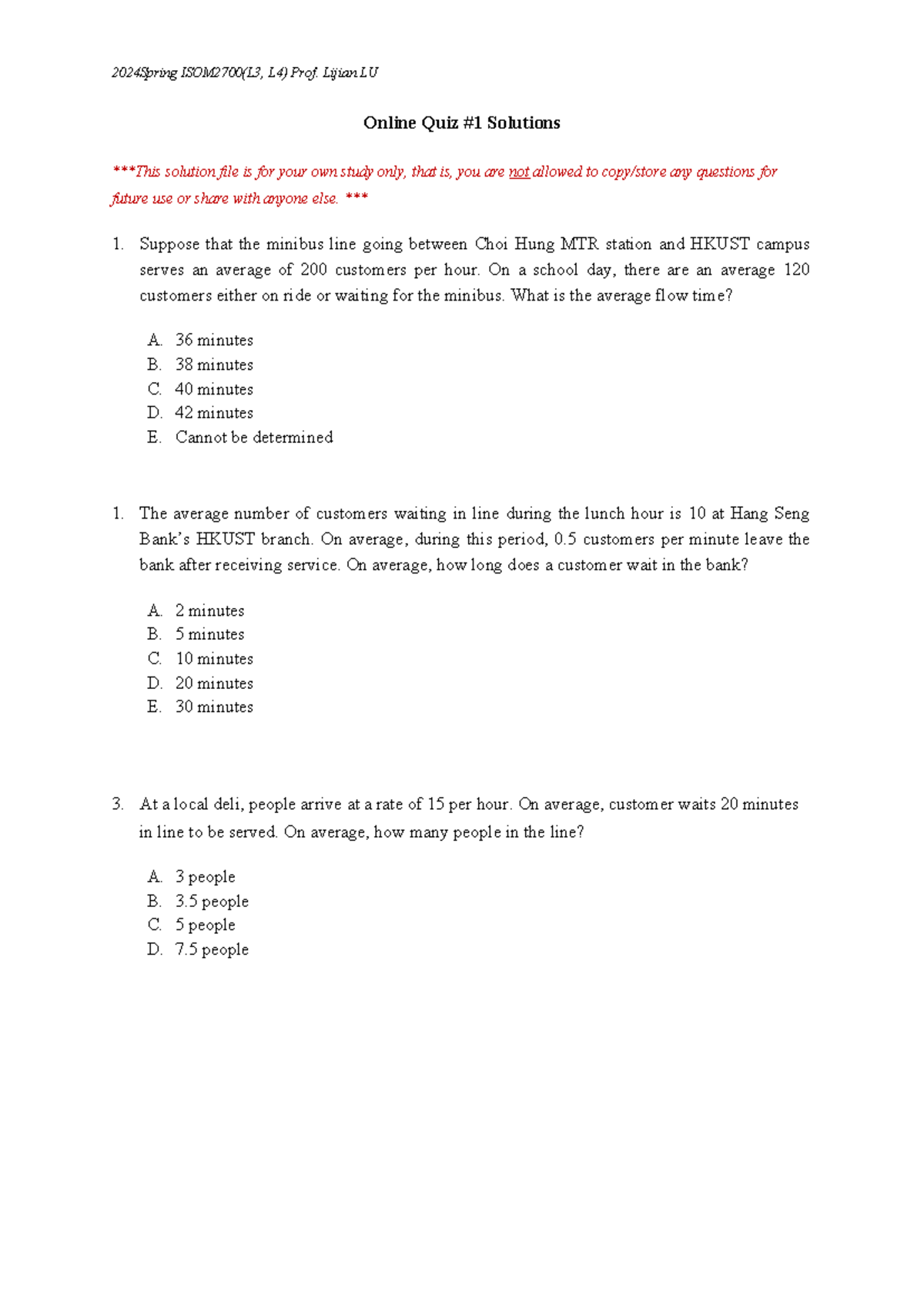Online Quiz #1 Solutions for Study Purposes Only - Studocu