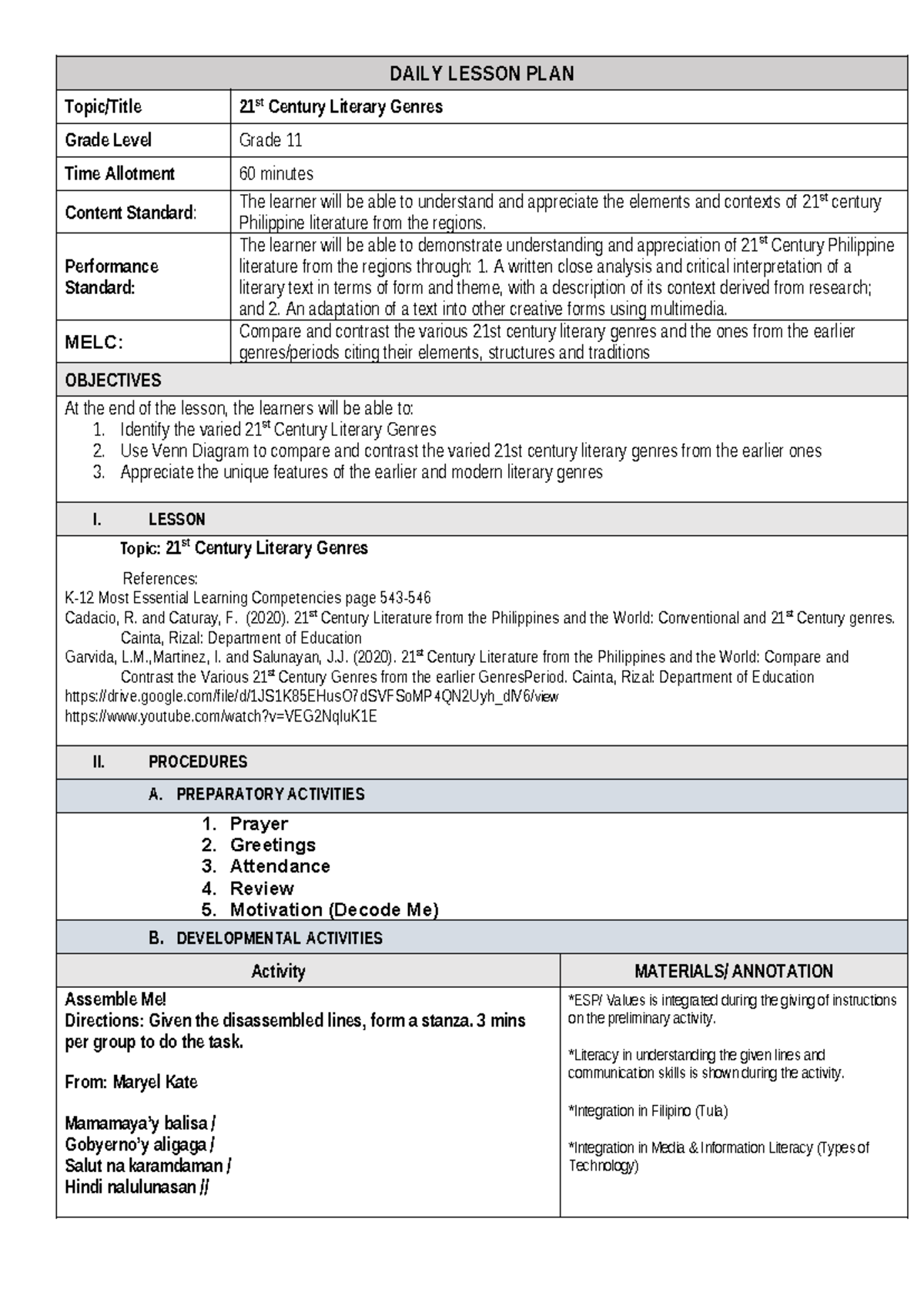 Grade 11 Daily Lesson Plan: 21st Century Literary Genres - Studocu