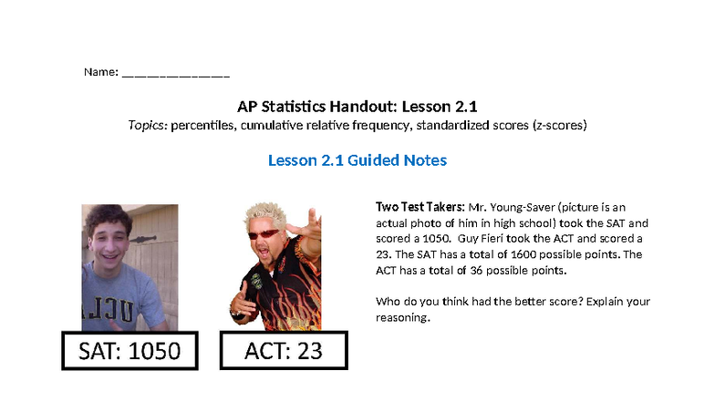 AP Statistics (APST 101) Lesson 2.1: Percentiles & Standardized Scores ...