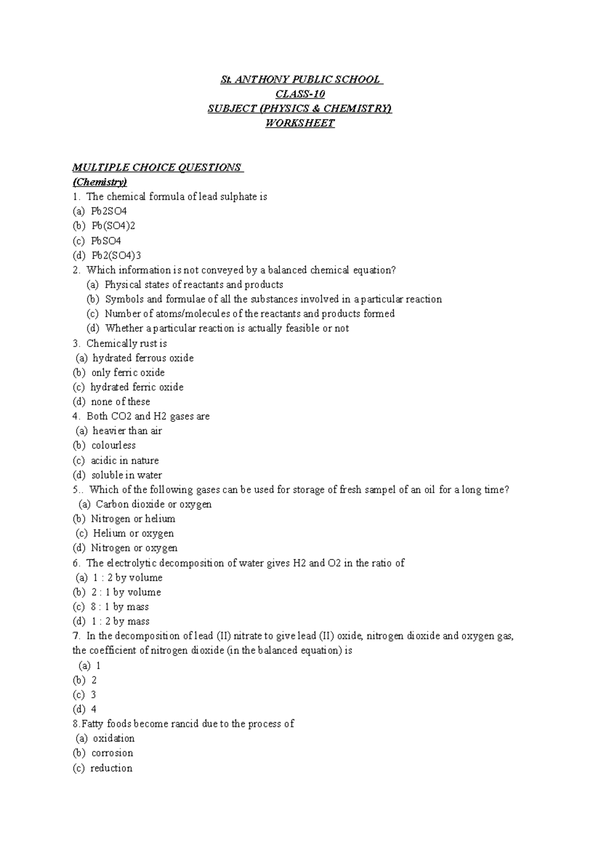 Worksheet for Class 10 Science: MCQs on Physics & Chemistry - Studocu