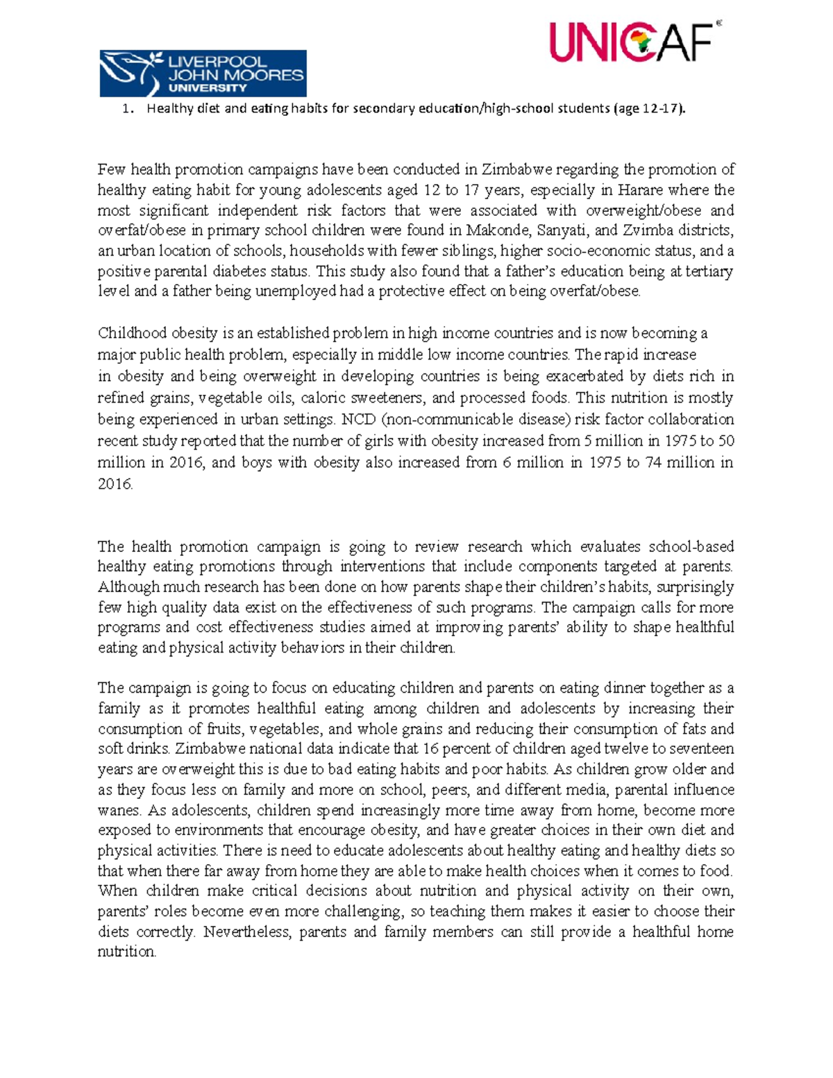 Healthy Eating Campaign for Secondary Students: Addressing Obesity in ...