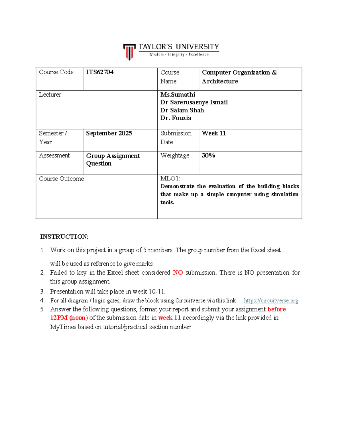 Group Assignment ITS62704: Computer Org. Architecture - Week 11 ...