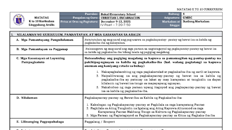 MATATAG K to 10 Curriculum: GMRC Grade 4 Lesson Plan - Studocu