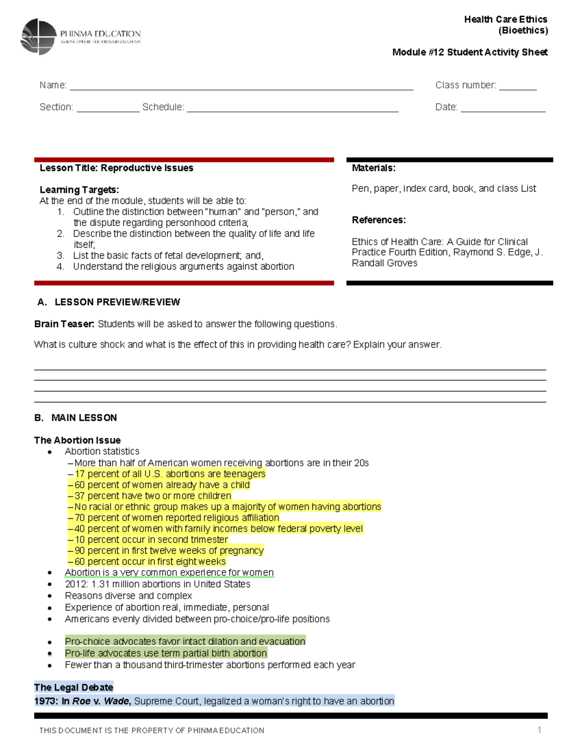 Bioethics Module 12: Reproductive Issues Student Activity Sheet - Studocu
