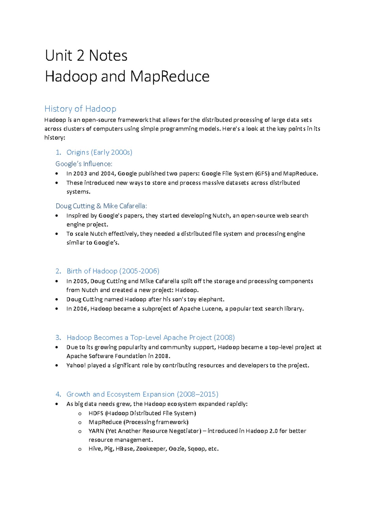 Unit 2 Notes: History and Overview of Hadoop & MapReduce - Studocu