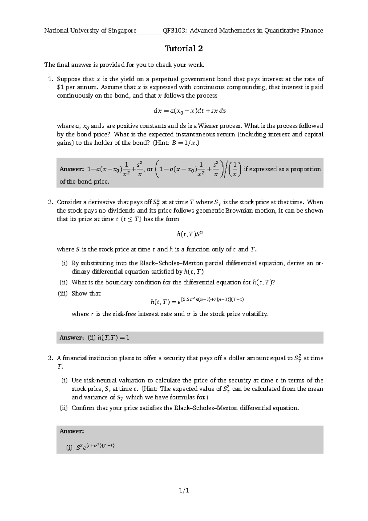 QF3103: Advanced Mathematics in Quantitative Finance Tutorial 2 ...