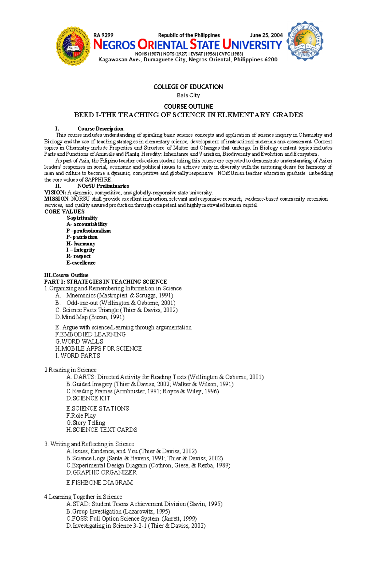 BEED 1 Science - Course Outline for Elementary Science Teaching - Studocu