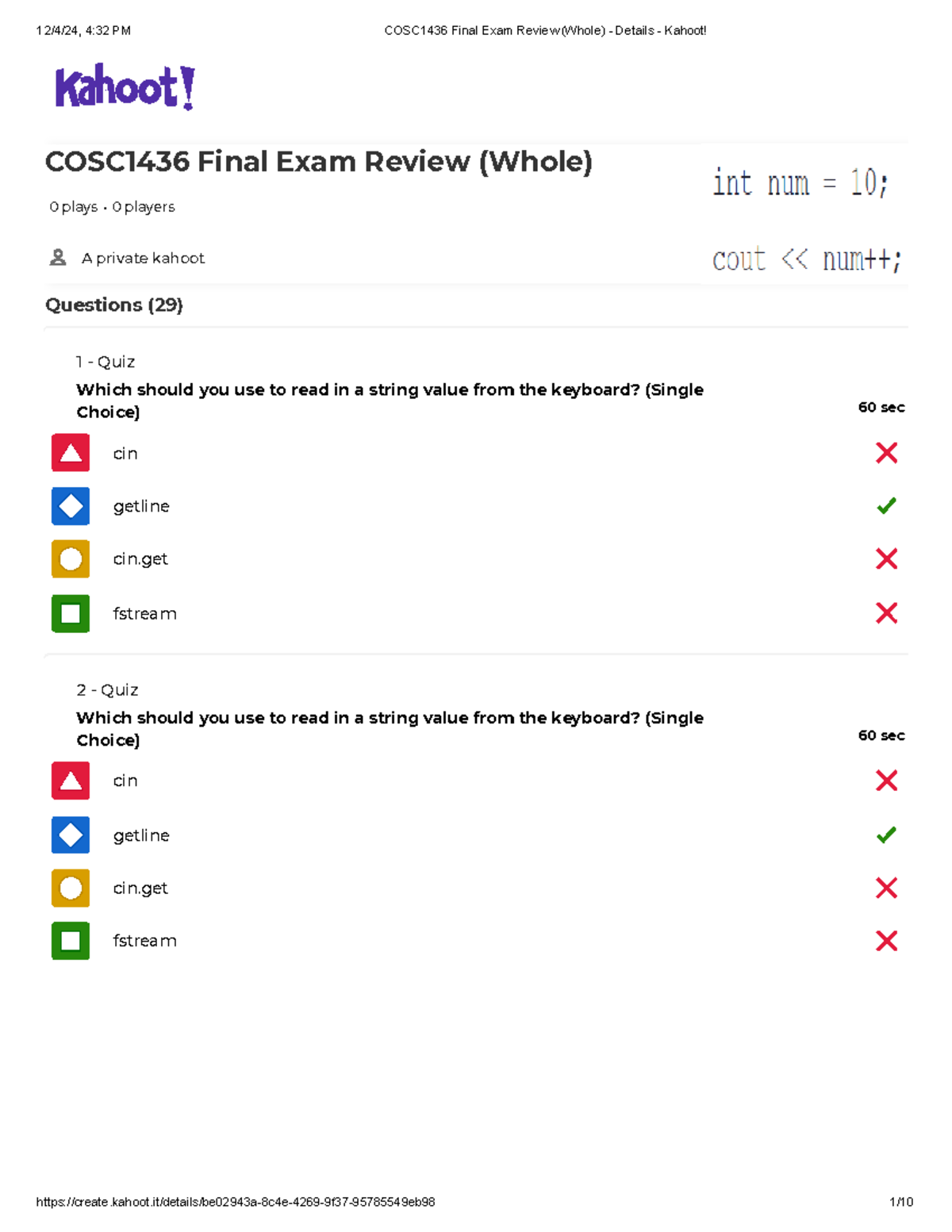 COSC1436 Final Exam Review - Comprehensive Kahoot Quiz Guide - Studocu
