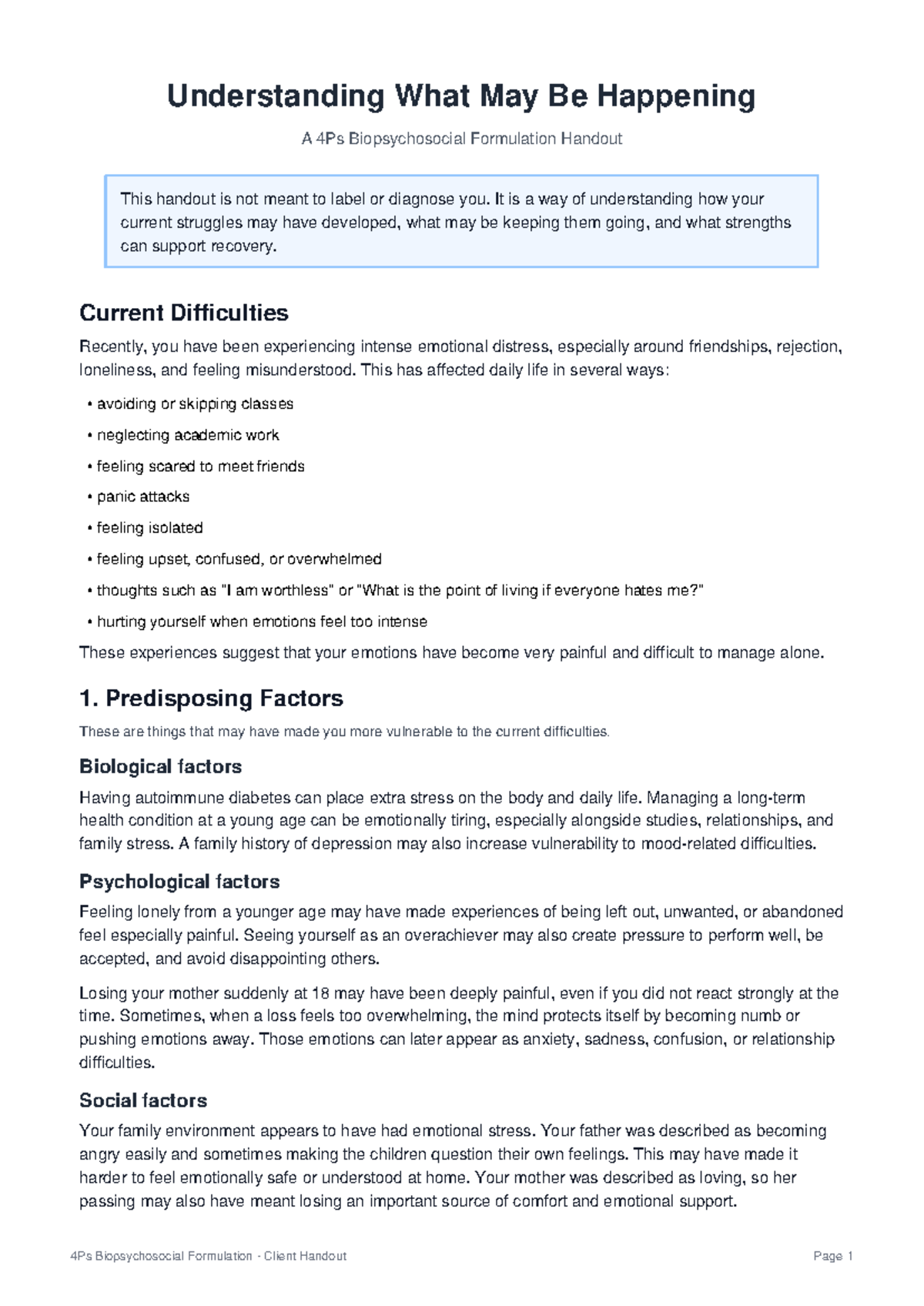 4Ps Biopsychosocial Formulation Client Handout: Understanding Emotional ...
