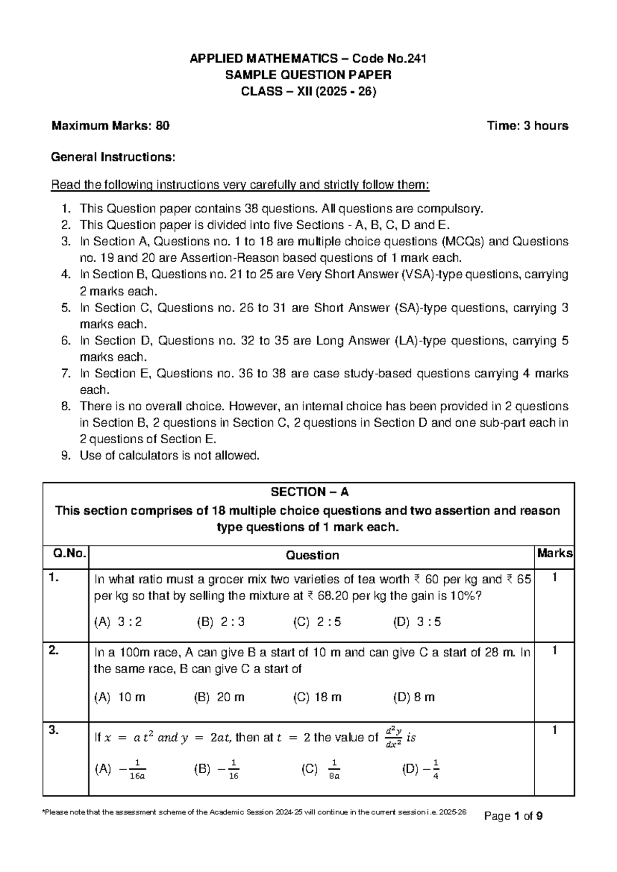 APPLIED MATHEMATICS Code No. 241 SAMPLE QUESTION PAPER CLASS XII (2025 ...