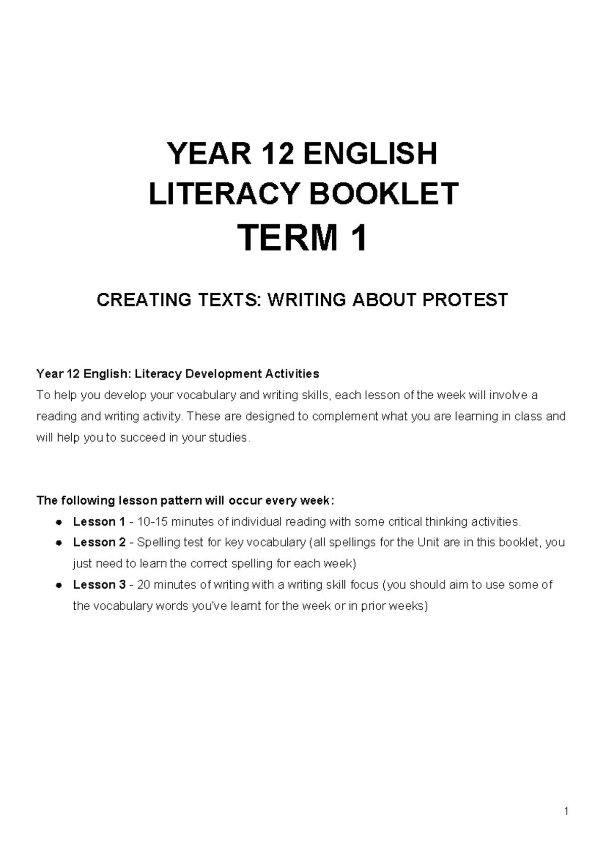 Creating Texts: Writing About Protest Booklet Year 12 English Term 1 ...