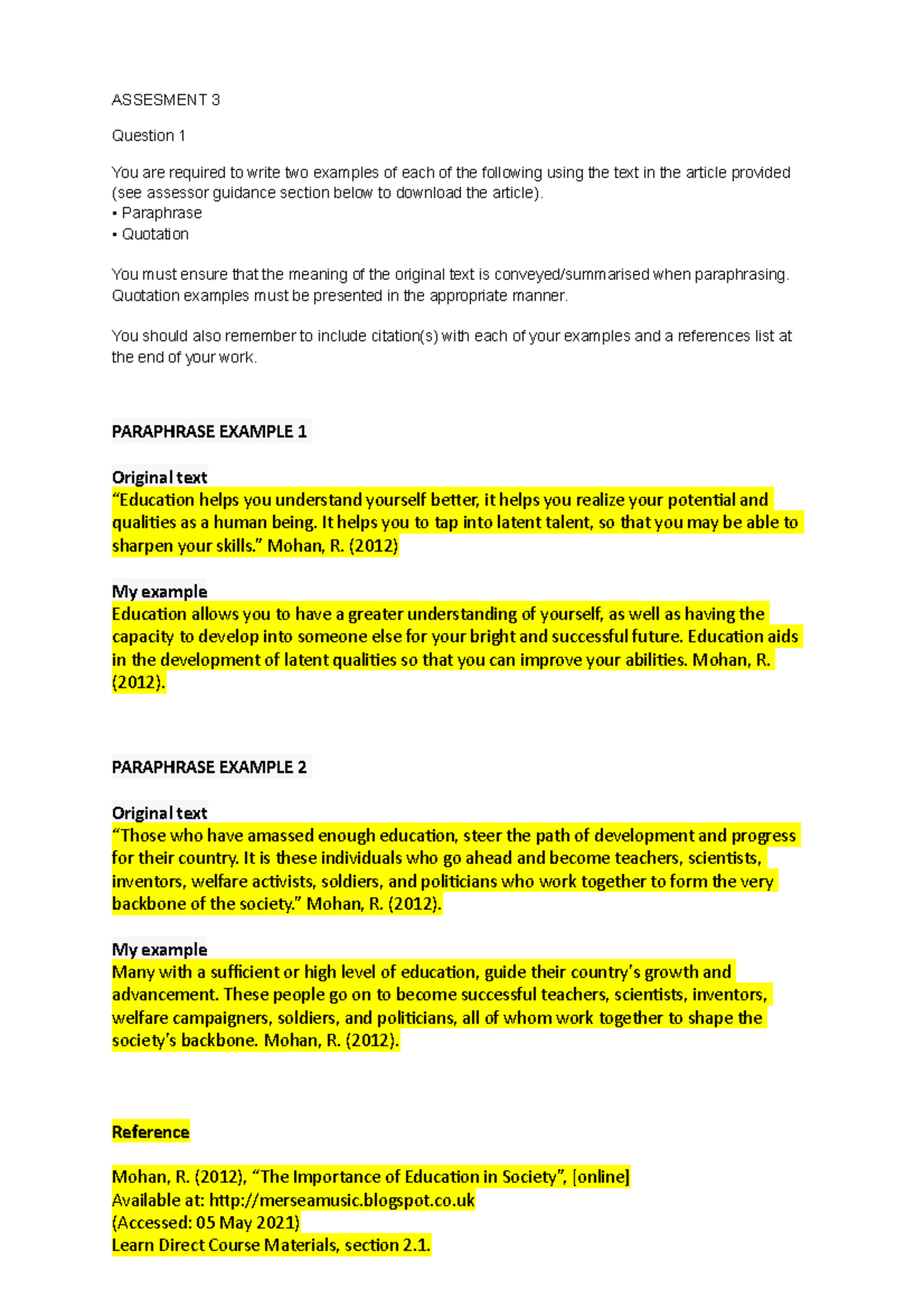 Unit 3: Academic Writing Skills, question 1 - ASSESMENT 3 Question 1 ...