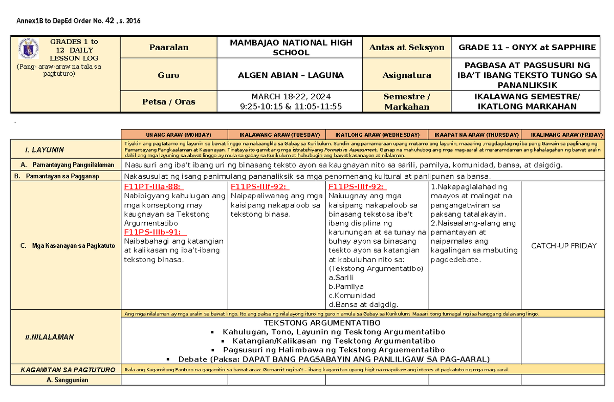 DLL Filipino Q3 Argumentatibo Lesson Plan for GRADE 11 - ONYX ...