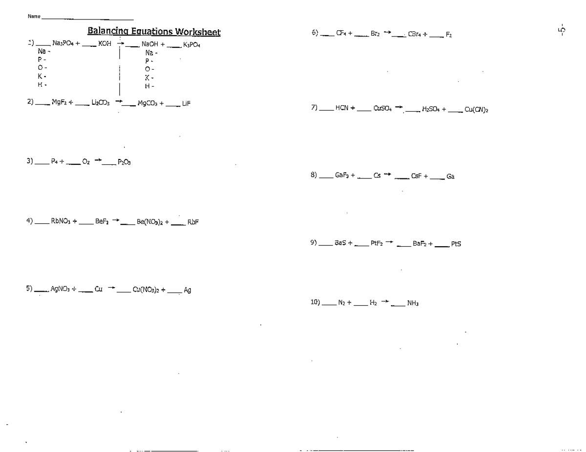 Balancing Equations Worksheet - Practice for Chemistry 101 - Studocu