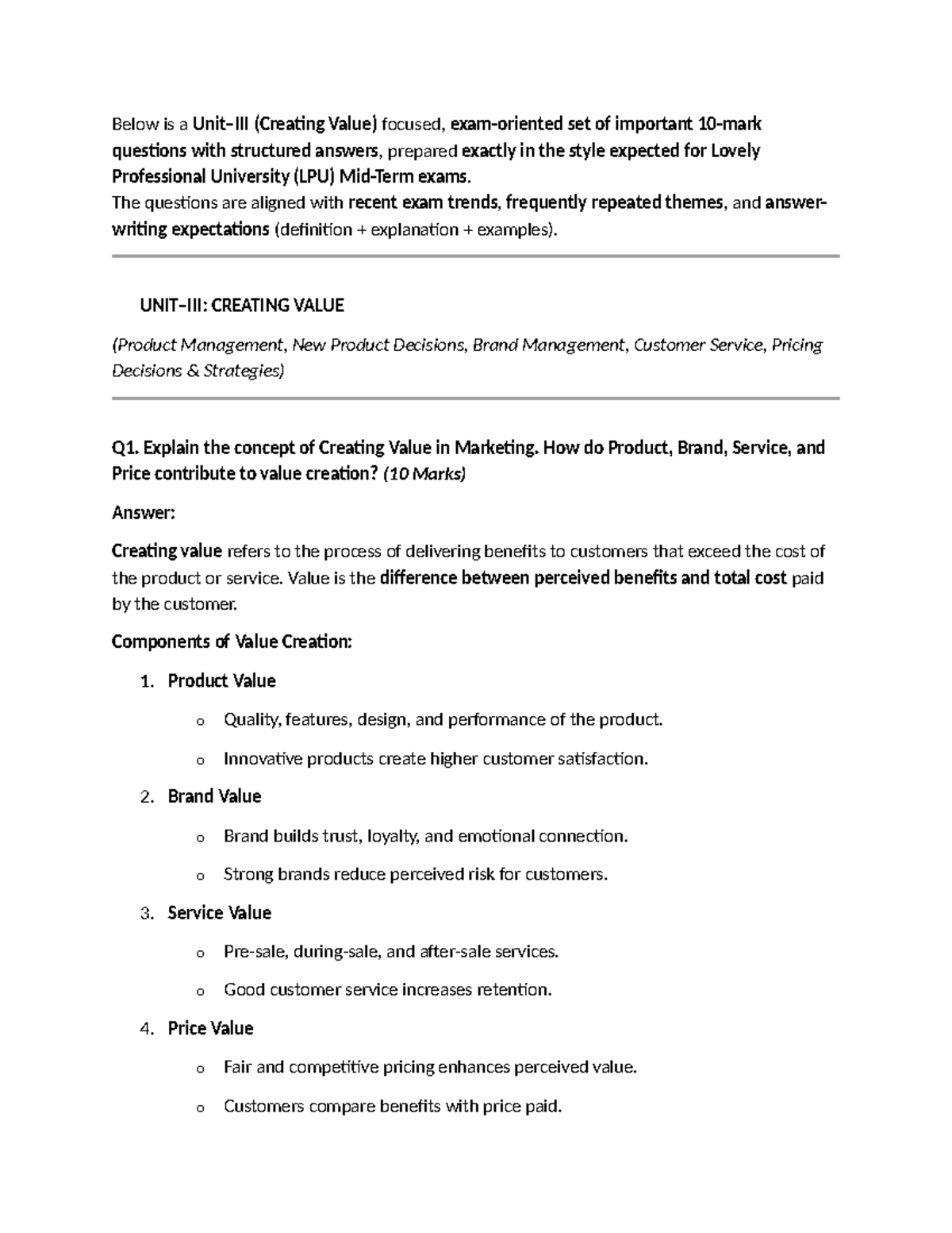 LPU CREATING VALUE: Key Questions & Answers for Unit 3 (10 Marks) - Studocu