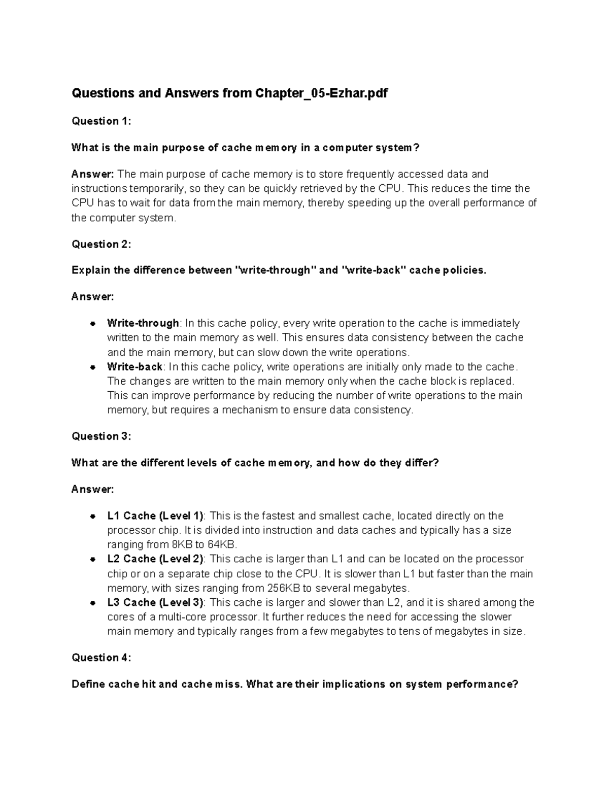 Cache Memory Q&A - Chapter 05 Review for CS101 Final Exam - Studocu