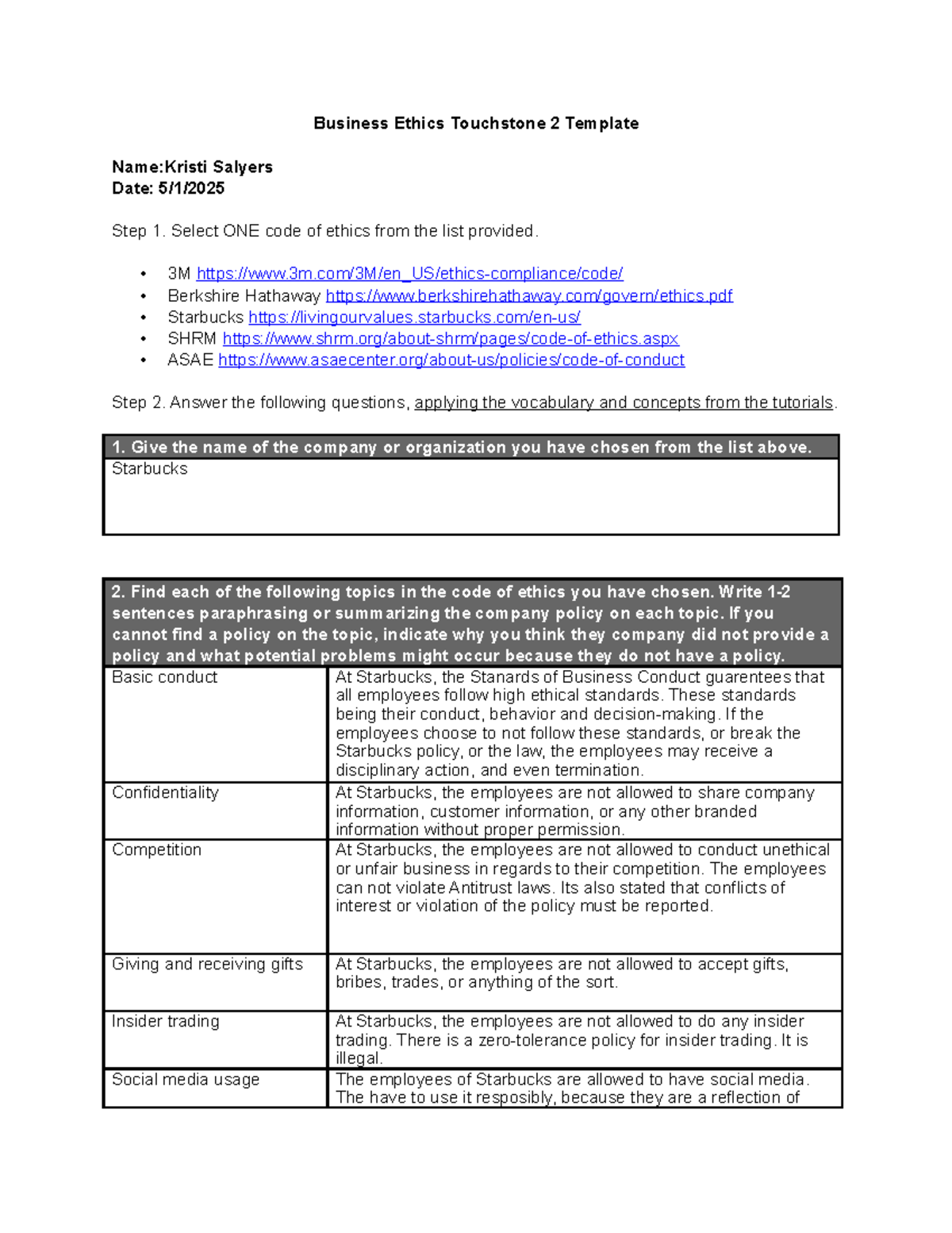 Business Ethics Touchstone 2 Template: Starbucks Code Analysis - Studocu