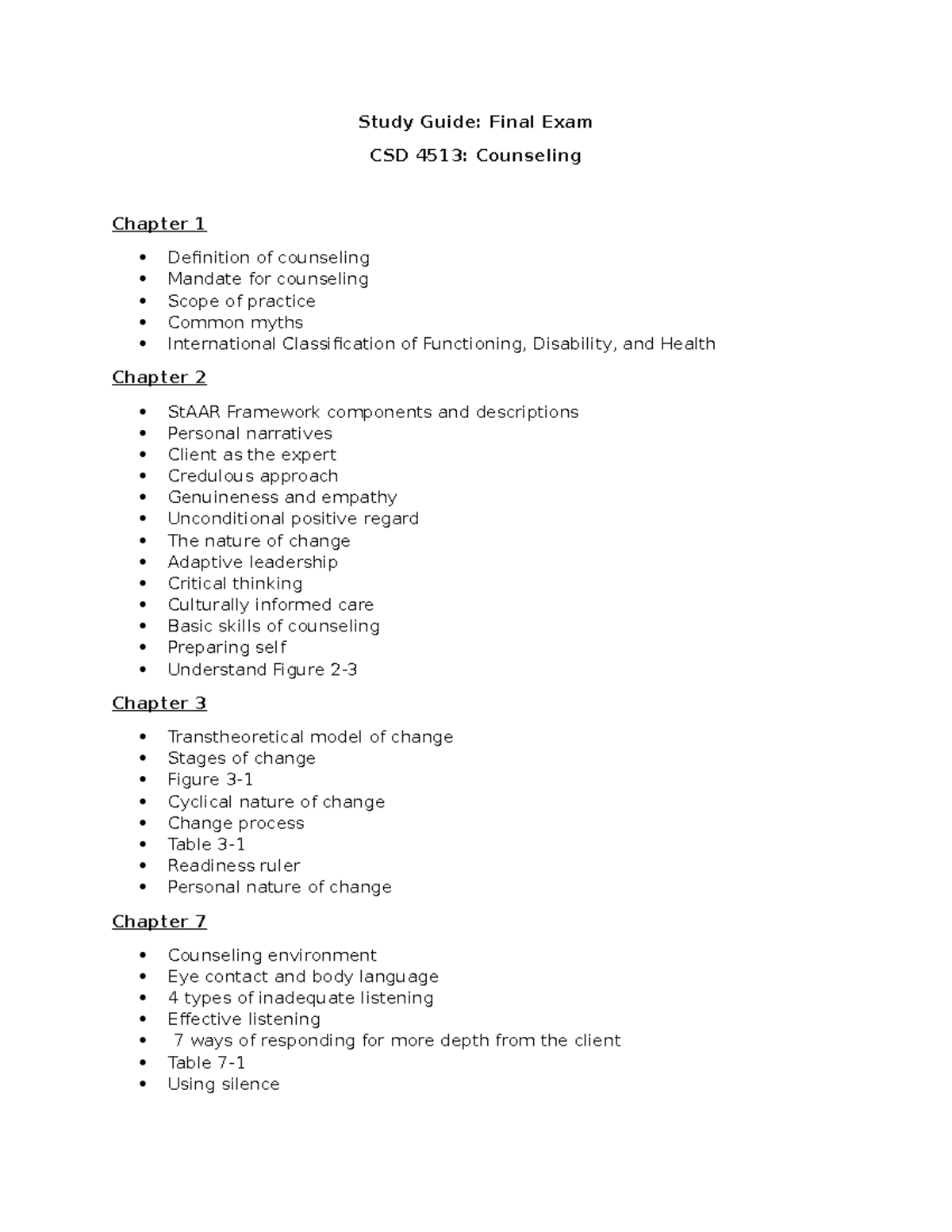 Study Guide for Final Exam: CSD 4513 Counseling Concepts and Skills ...