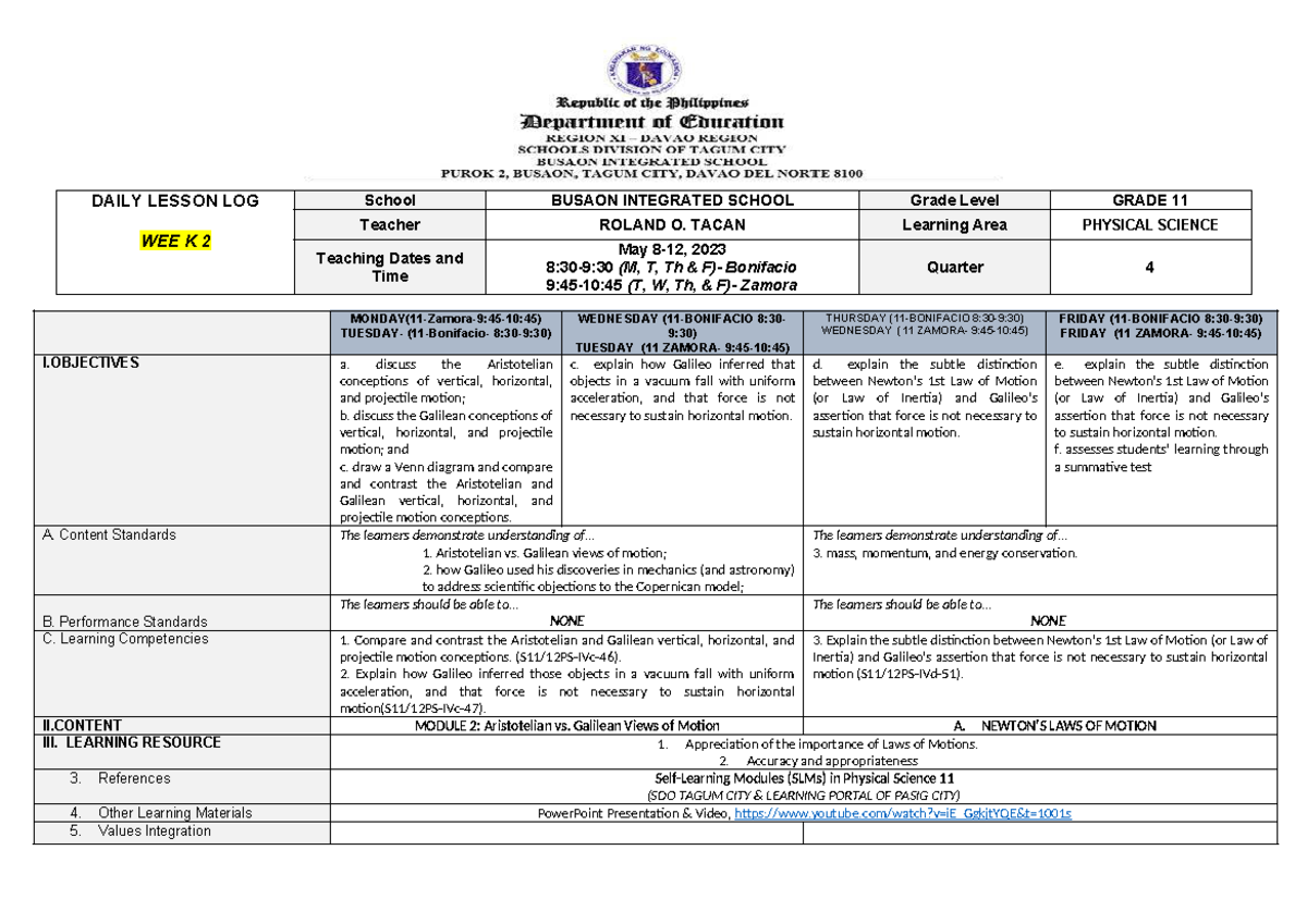 DAILY LESSON LOG: WEEK 2 (MAY 8-12, 2023) - GRADE 11 PHYSICAL SCIENCE ...