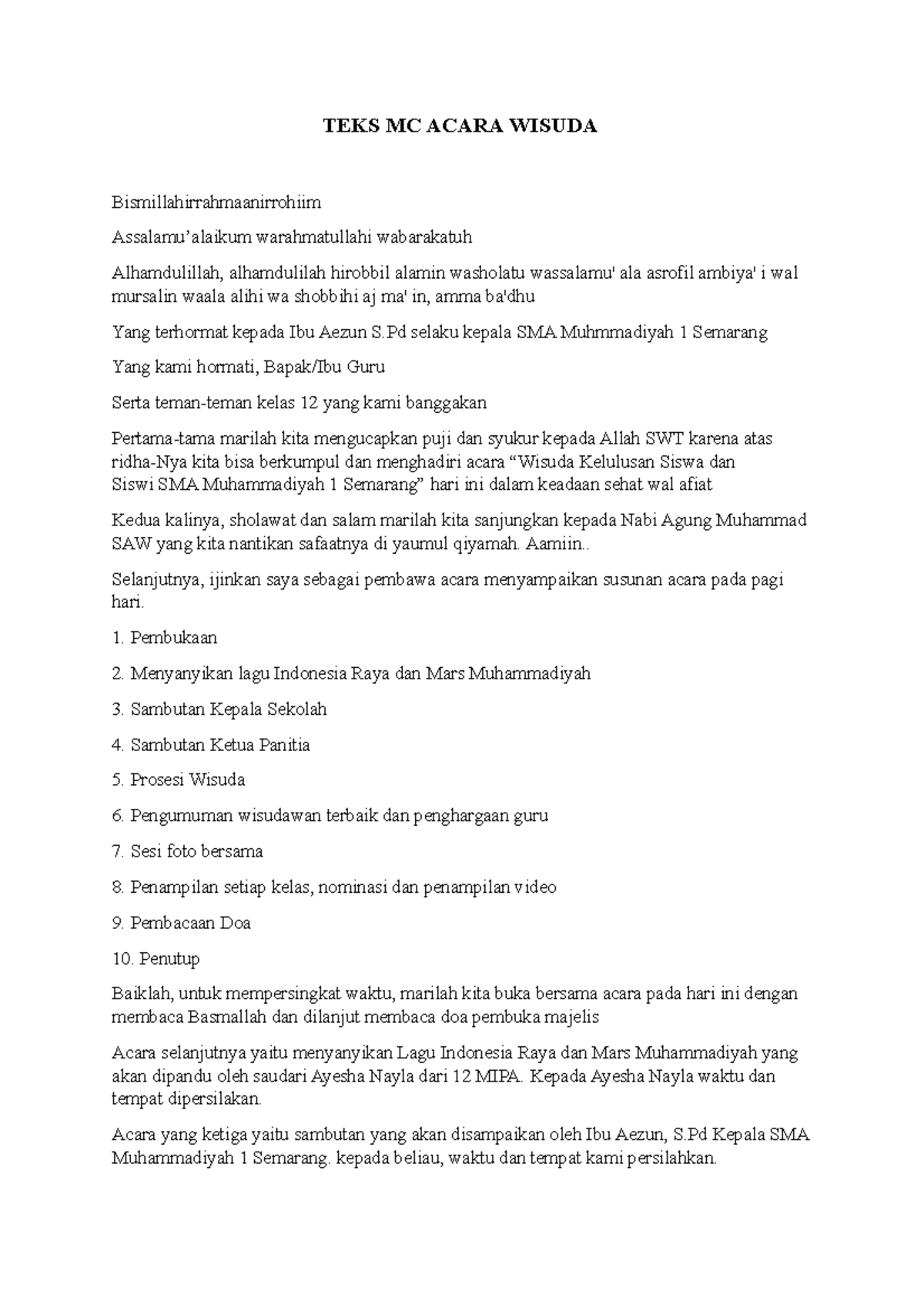 TEKS MC Wisuda Ke-42 SMA Muhammadiyah 1 Semarang - Studocu